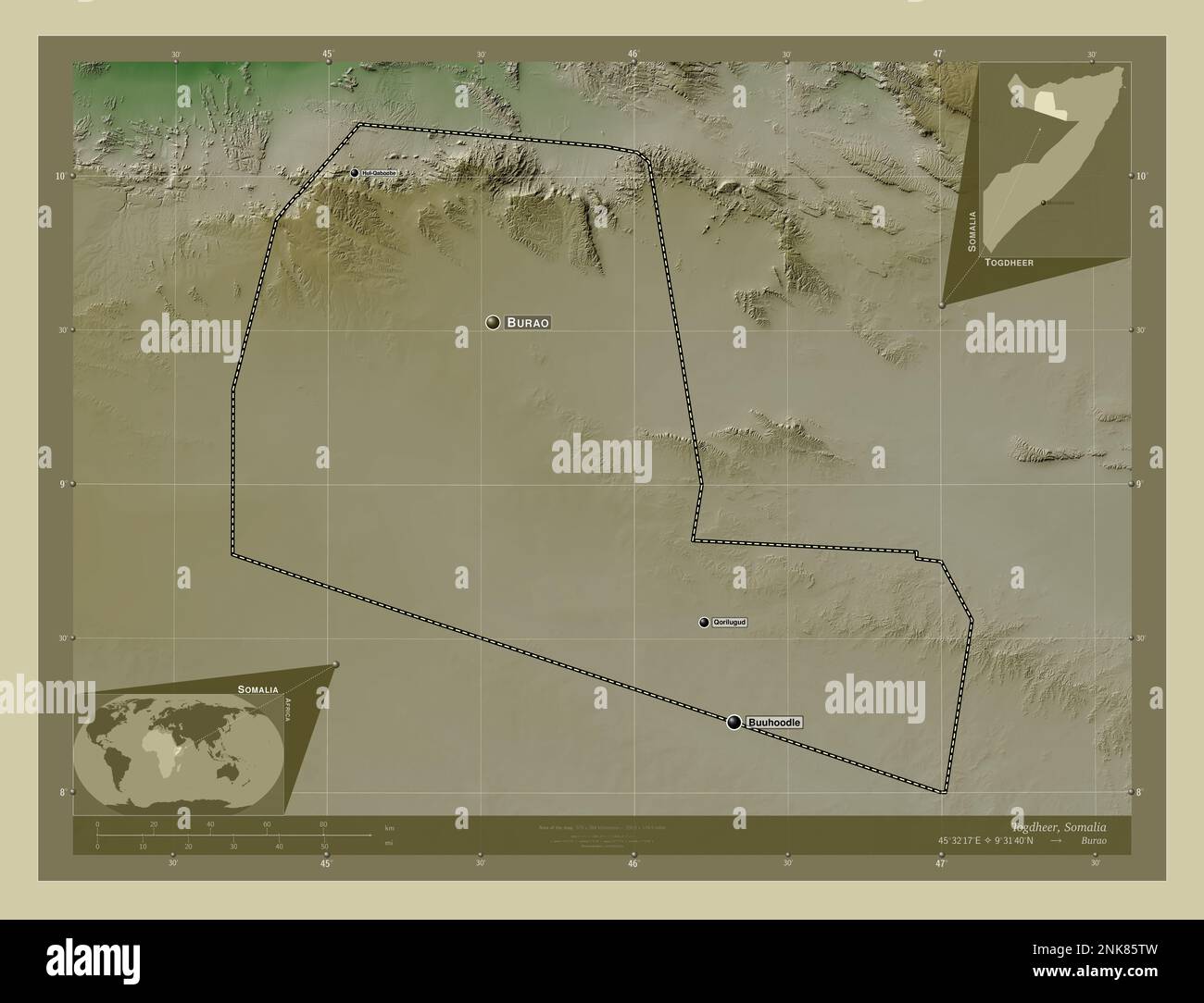 Togdheer, region of Somalia. Elevation map colored in wiki style with ...