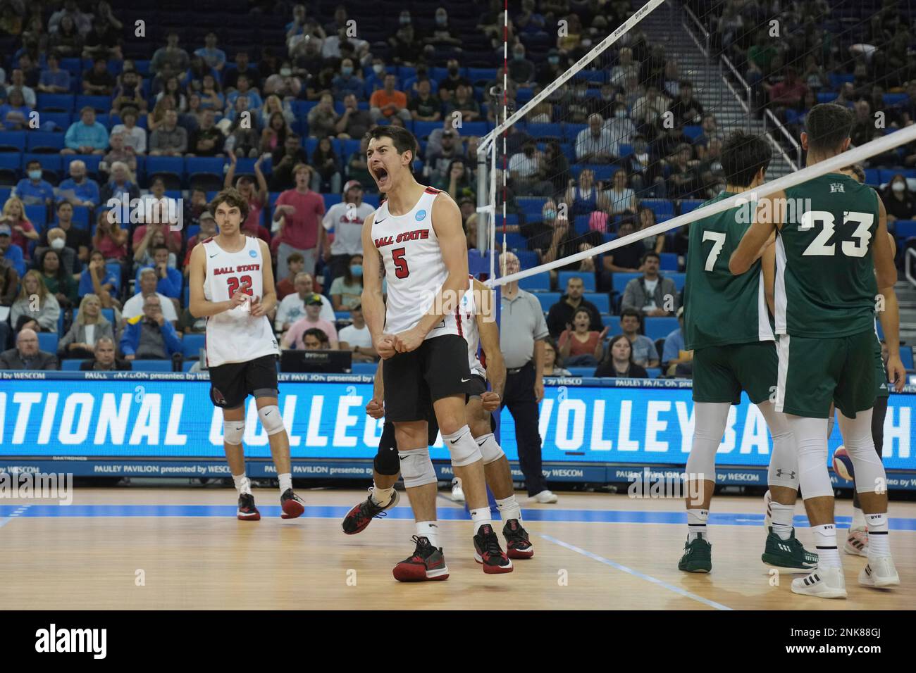 Ball State Cardinals setter Quinn Issacson (5) celebrates against the ...