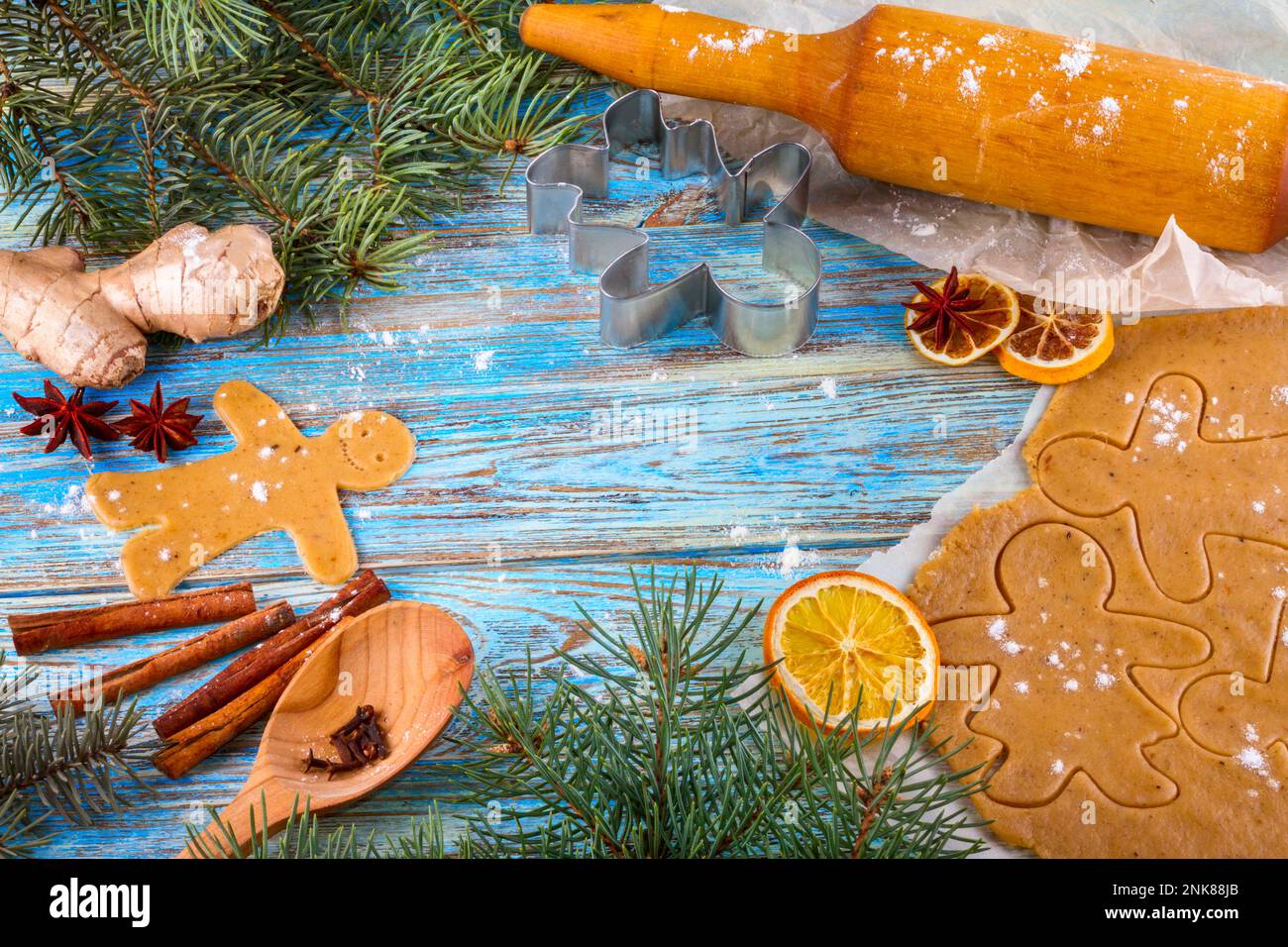 Christmas still life background with gingerbread cookies in decoration ...