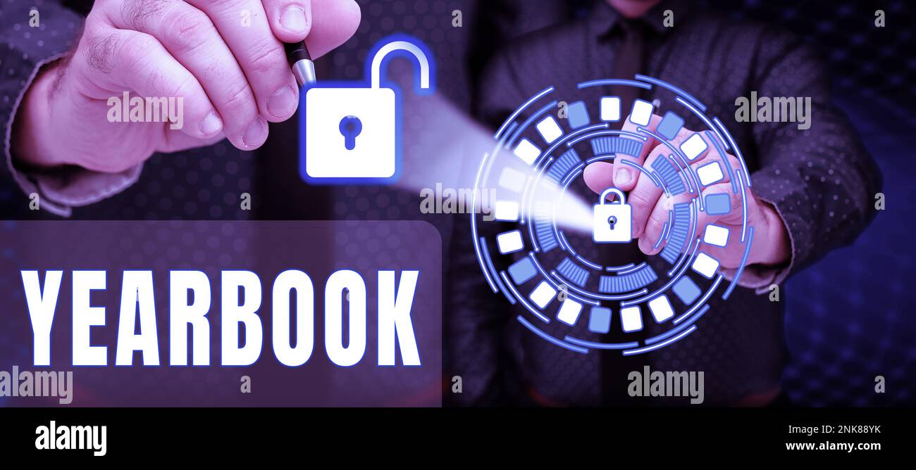 Hand writing sign Yearbook. Internet Concept publication compiled by ...