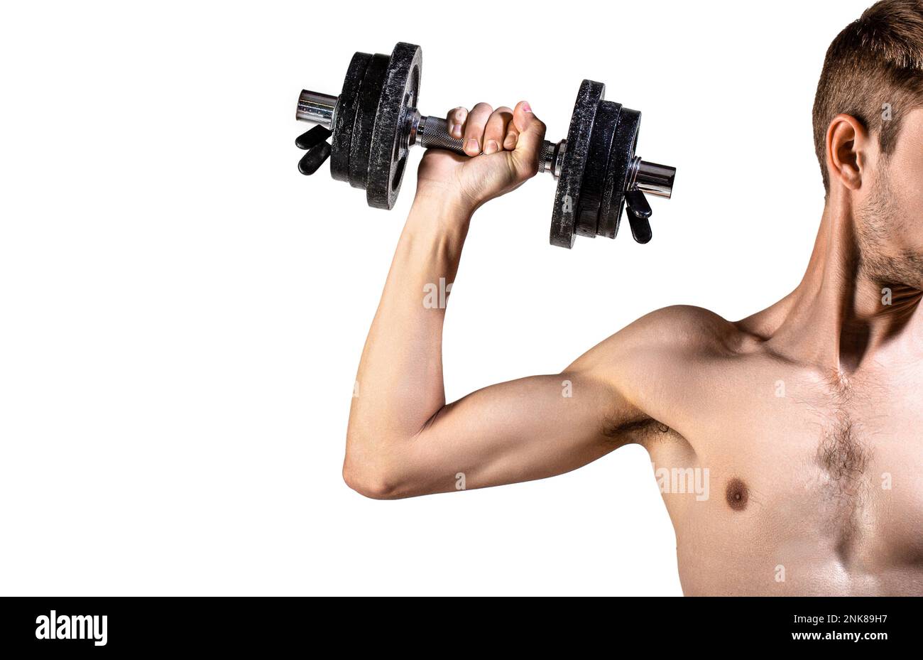 Man in sports with dumbbells. Weak man lift a weight, dumbbells, biceps ...