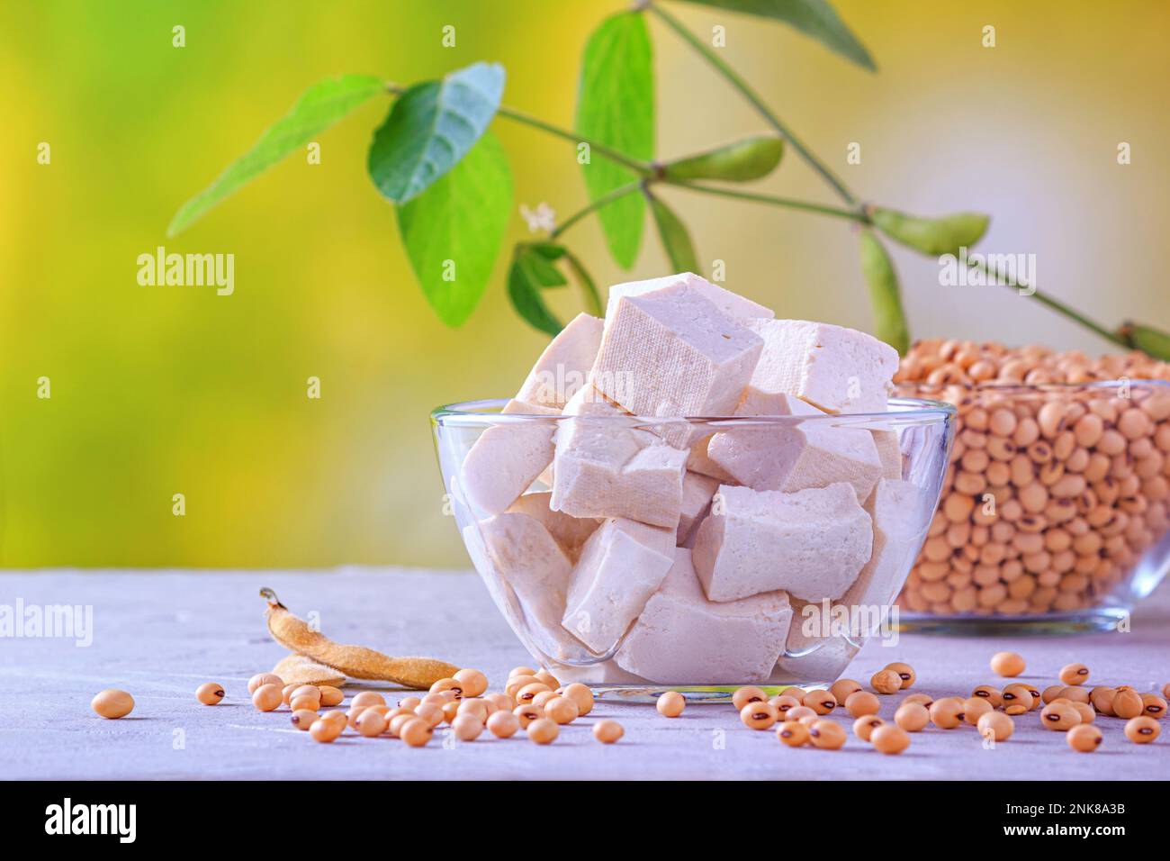 Tofu, also known as bean curd, diced in glass bowl against the ...