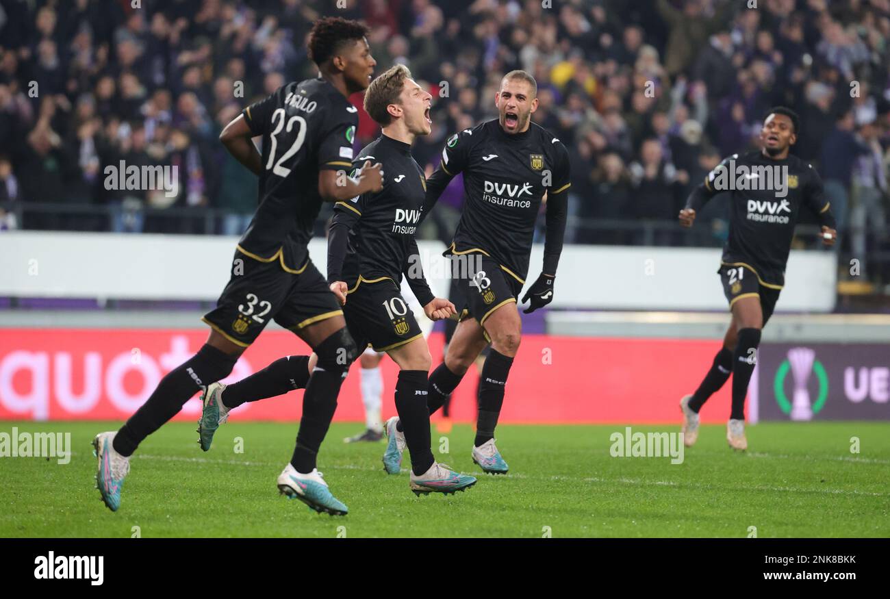 Brussels, 23/02/2023, Anderlecht's Yari Verschaeren celebrates after ...