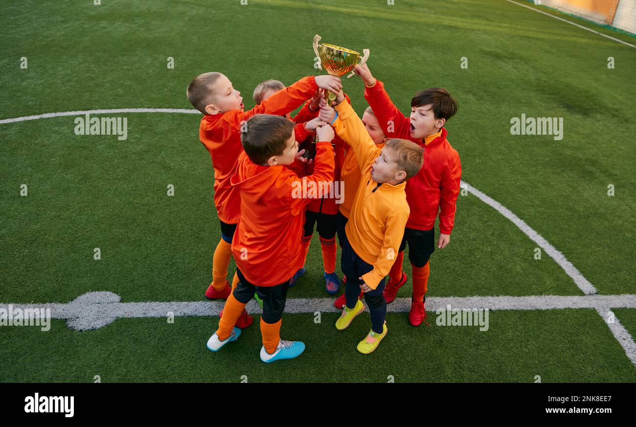 Aerial view. Group of little boys, children in uniform, football ...