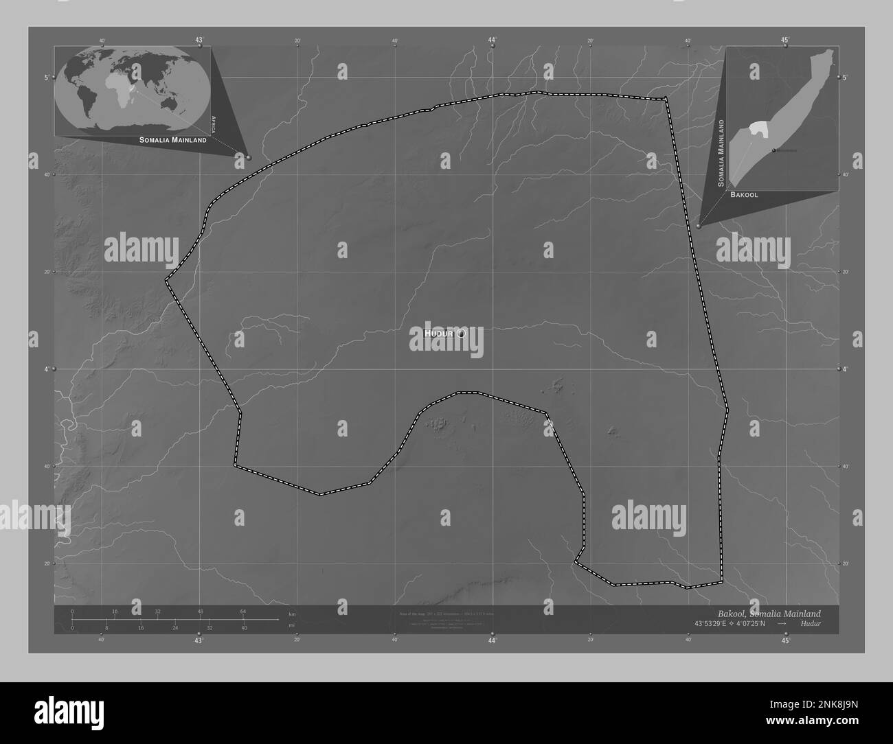 Bakool, region of Somalia Mainland. Grayscale elevation map with lakes and rivers. Locations and ...