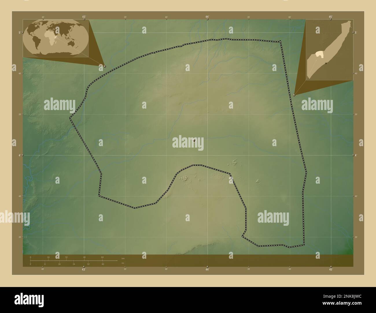 Bakool, region of Somalia Mainland. Colored elevation map with lakes ...