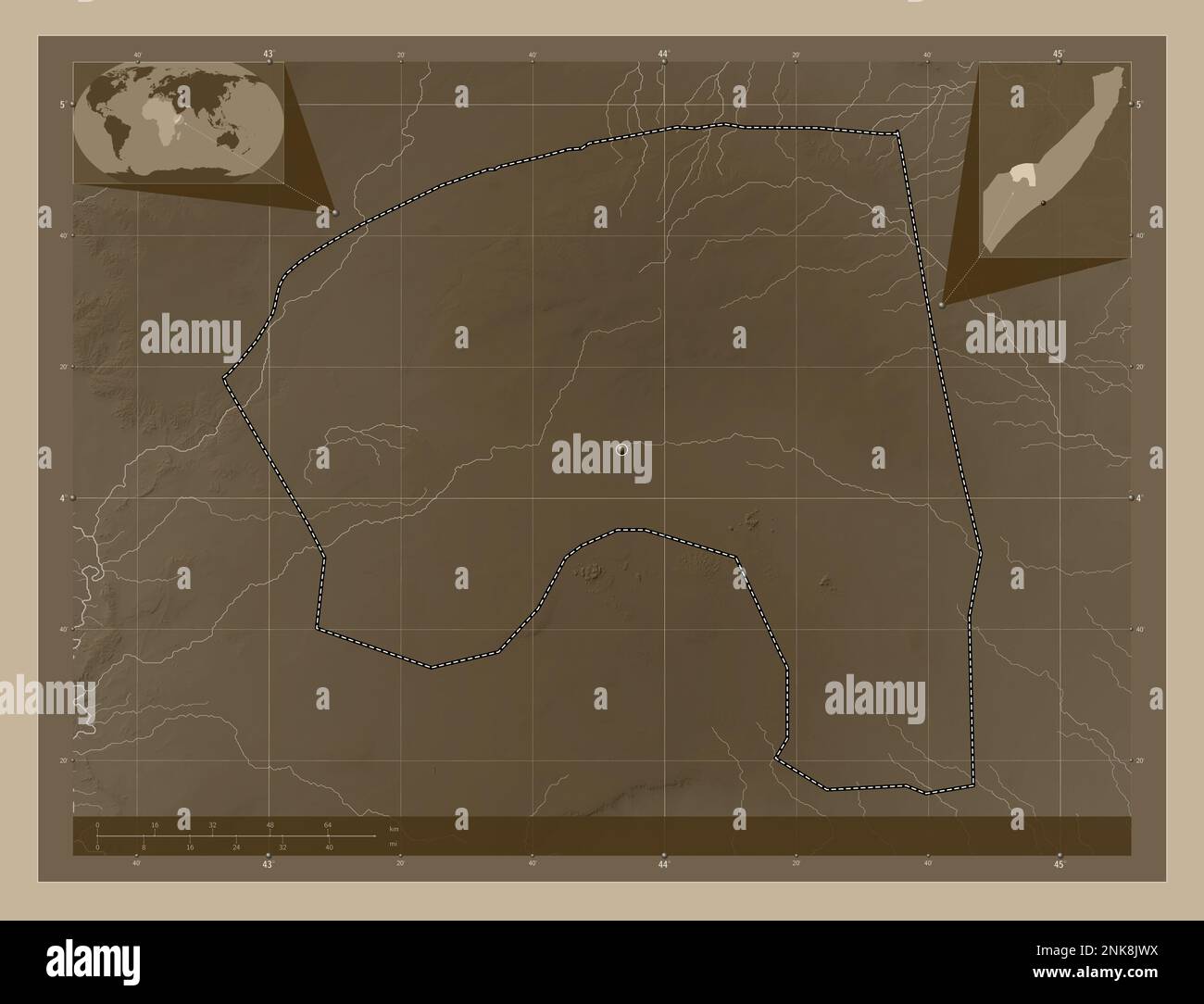 Bakool, region of Somalia Mainland. Elevation map colored in sepia ...
