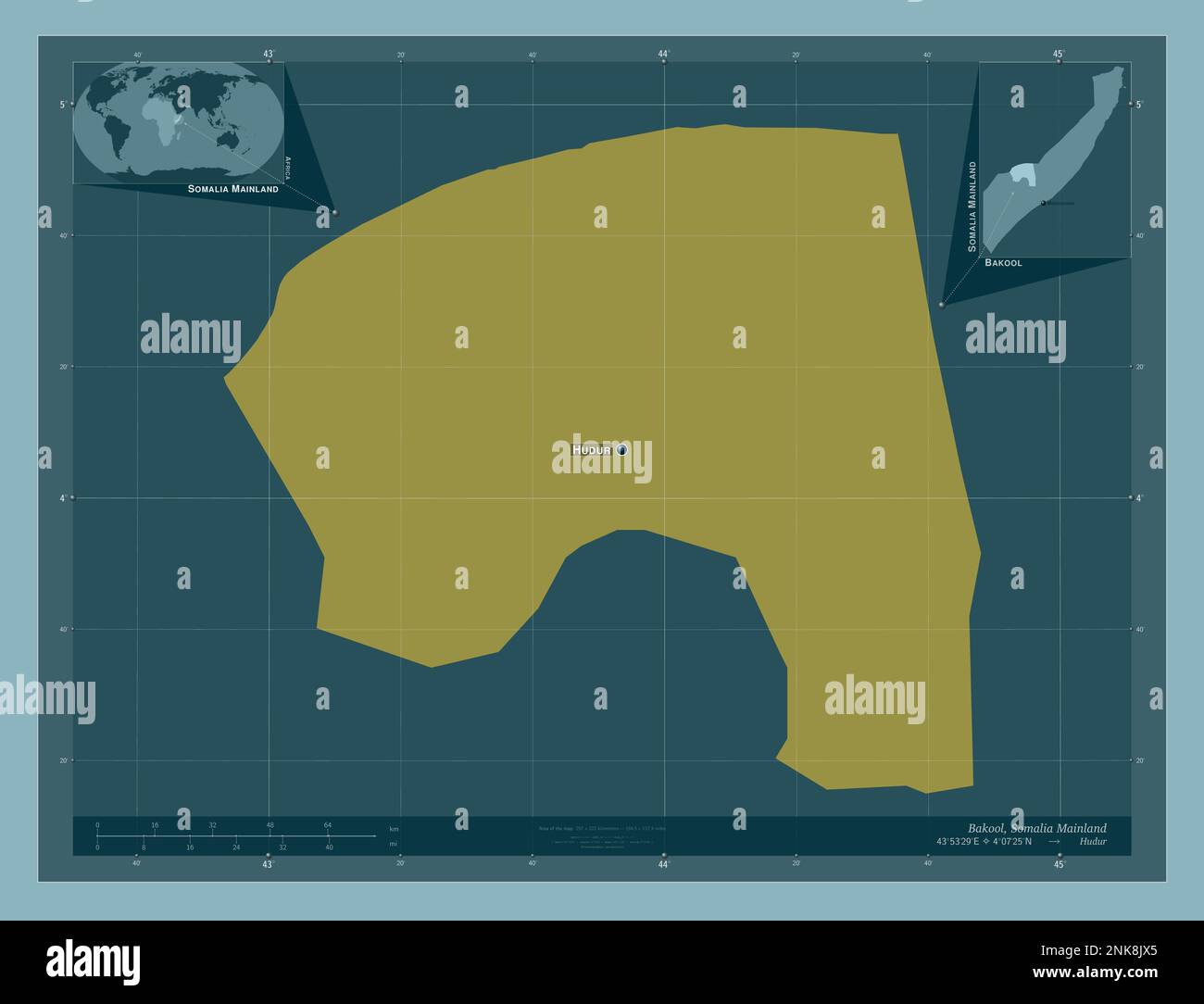 Bakool, region of Somalia Mainland. Solid color shape. Locations and ...