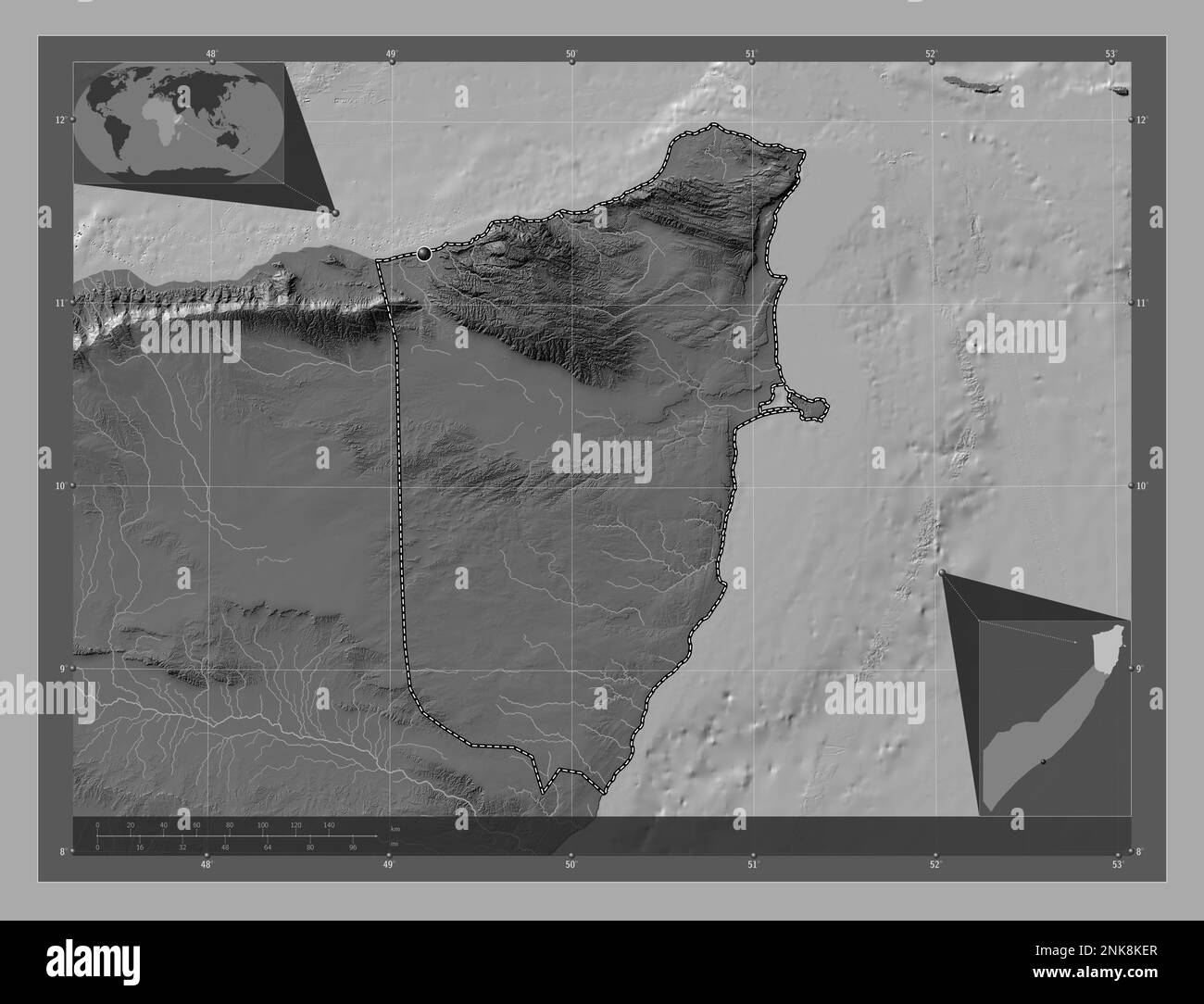 Bari, region of Somalia Mainland. Bilevel elevation map with lakes and ...