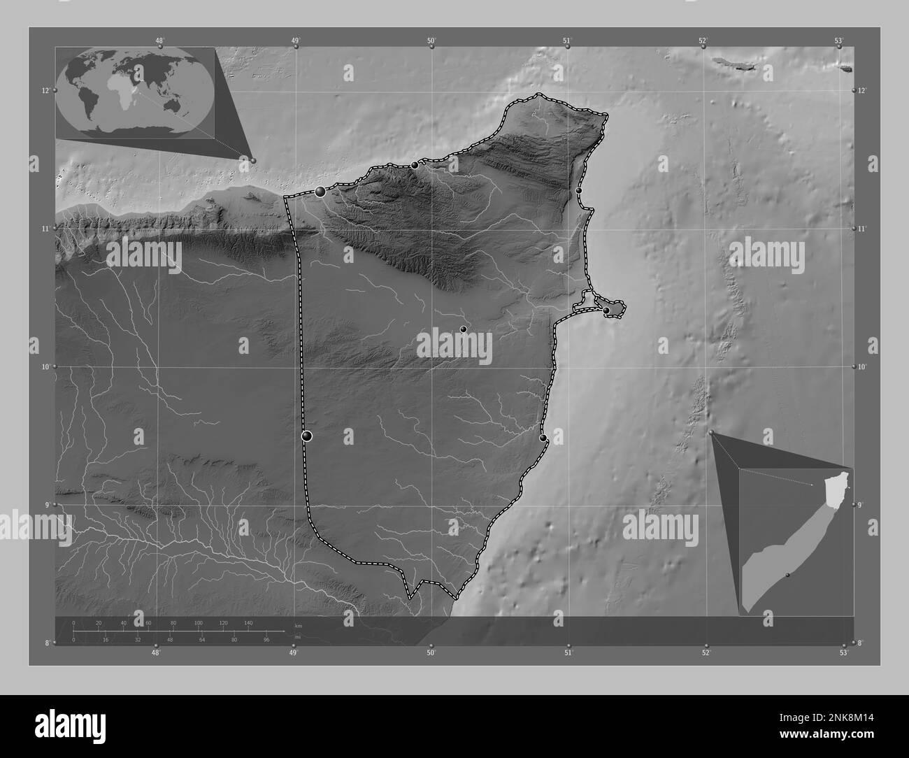 Bari, region of Somalia Mainland. Grayscale elevation map with lakes and rivers. Locations of ...