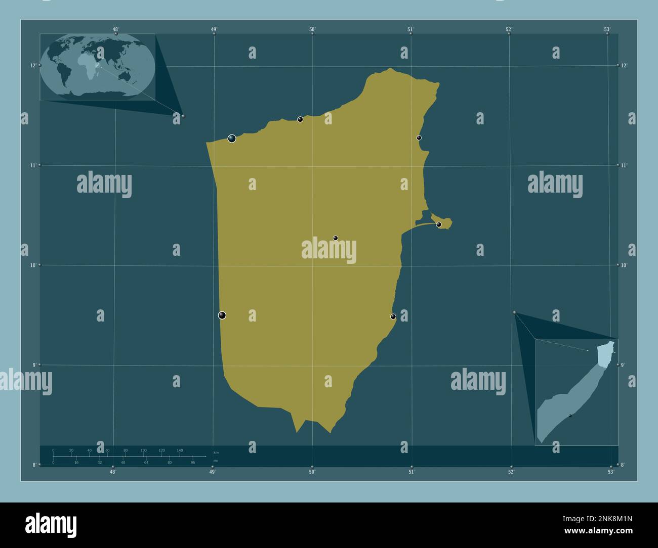 Bari, region of Somalia Mainland. Solid color shape. Locations of major ...