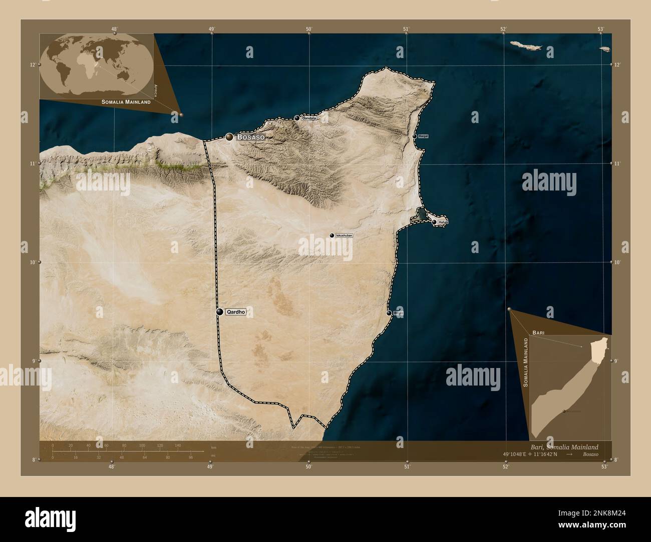 Bari, region of Somalia Mainland. Low resolution satellite map ...