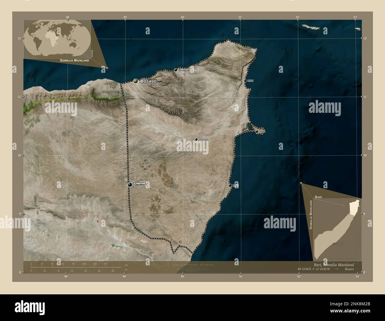 Bari, region of Somalia Mainland. High resolution satellite map ...