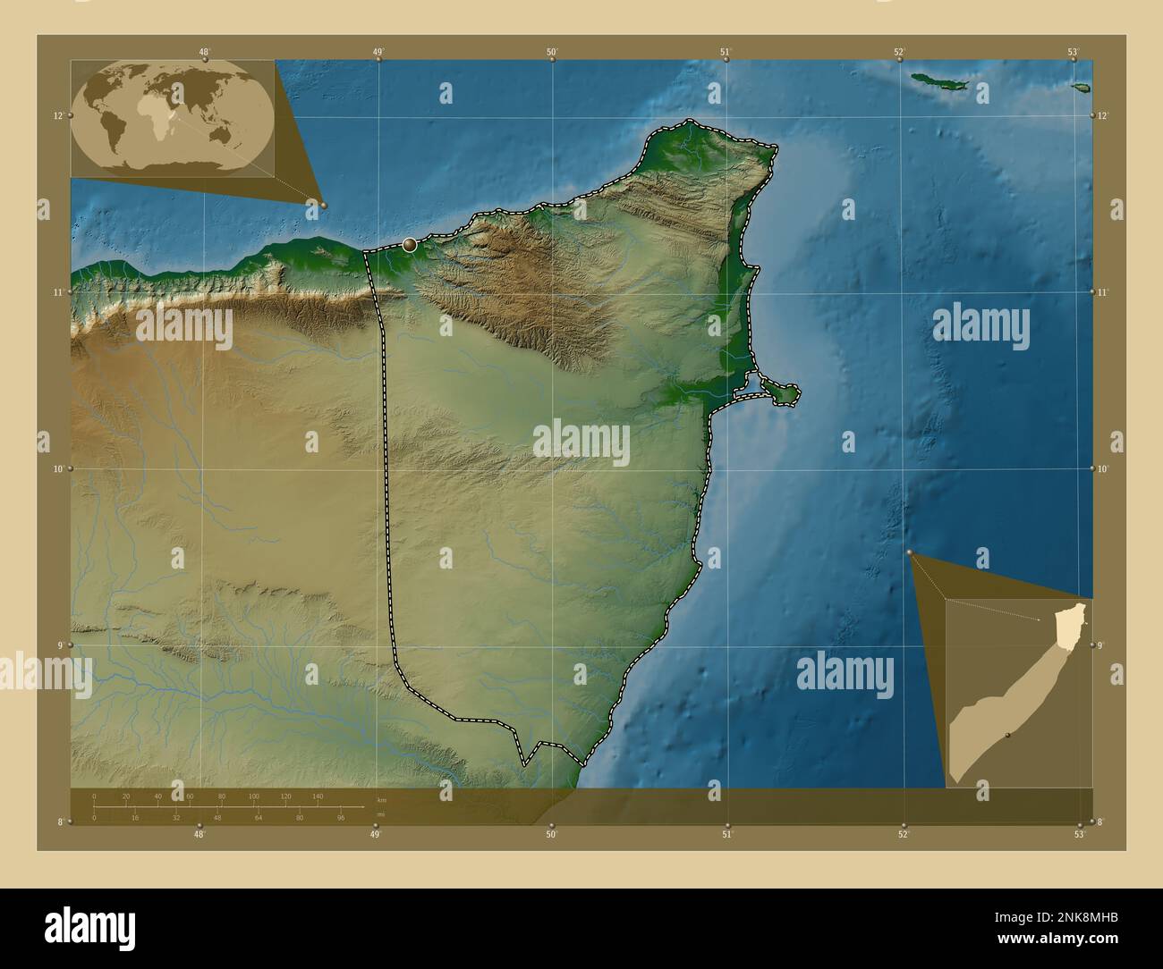 Bari, region of Somalia Mainland. Colored elevation map with lakes and ...