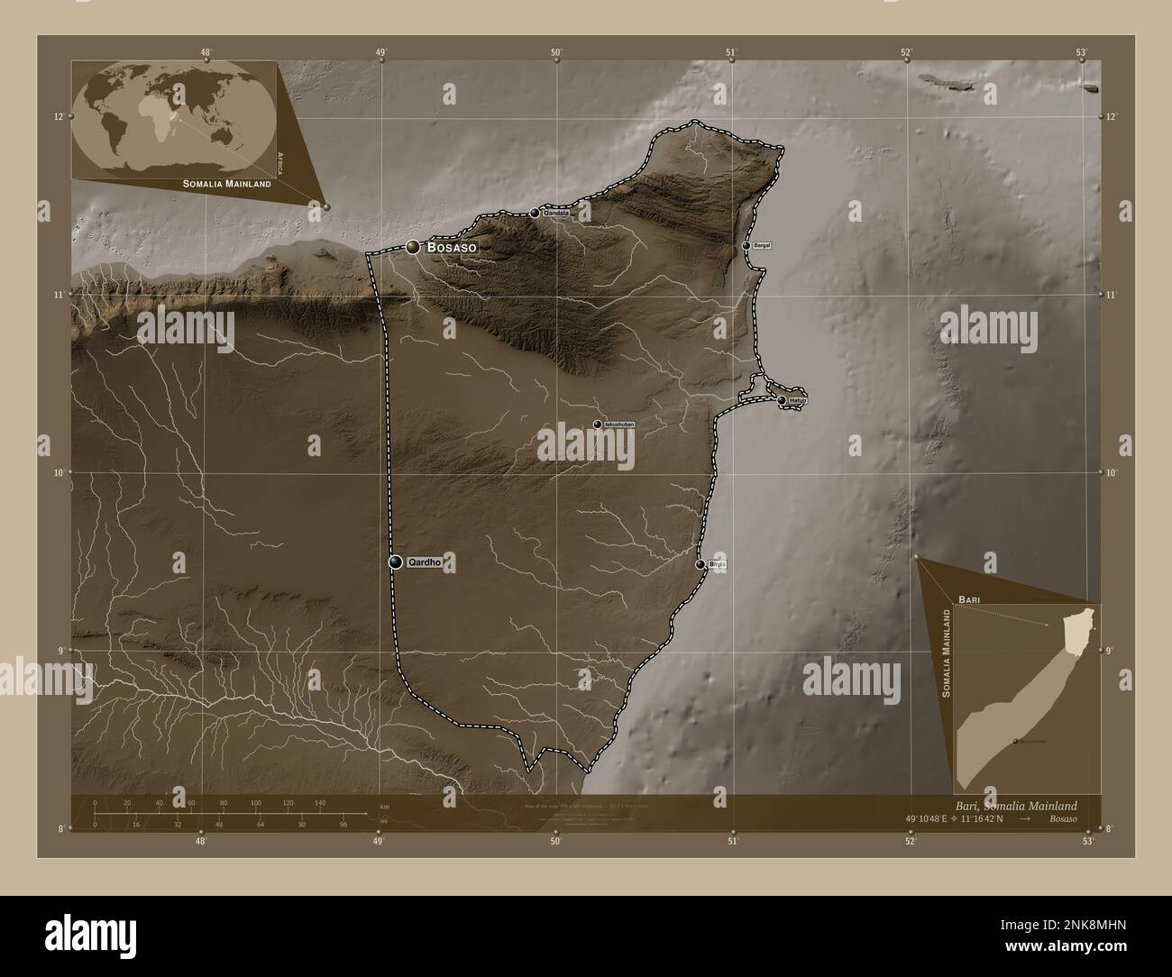 Bari, region of Somalia Mainland. Elevation map colored in sepia tones ...
