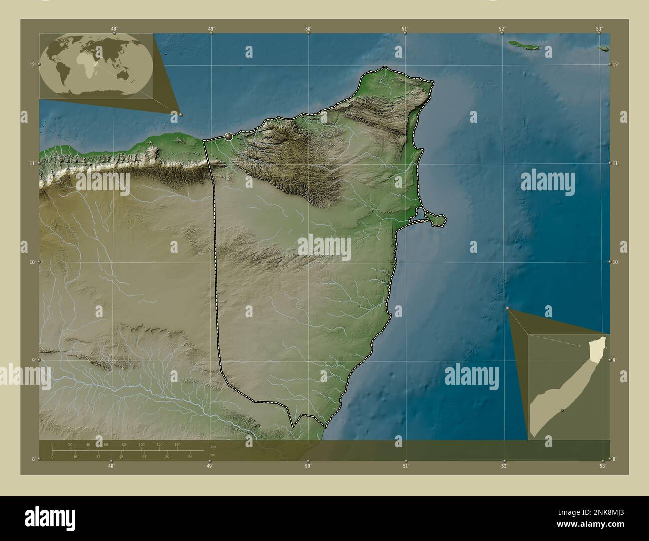 Bari, region of Somalia Mainland. Elevation map colored in wiki style with lakes and rivers ...