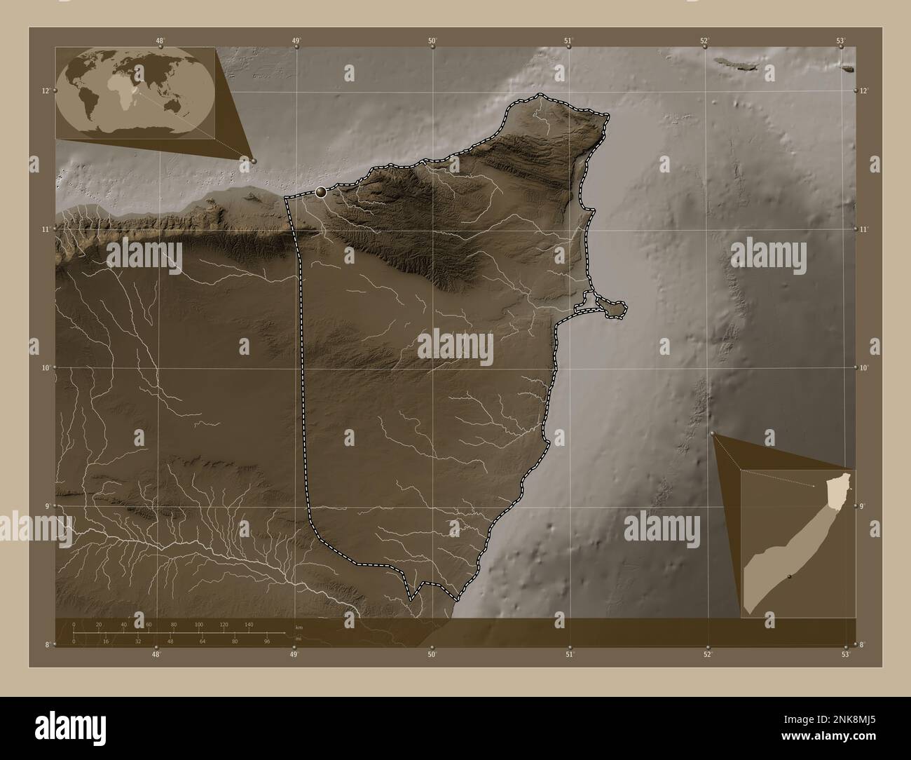 Bari, region of Somalia Mainland. Elevation map colored in sepia tones ...