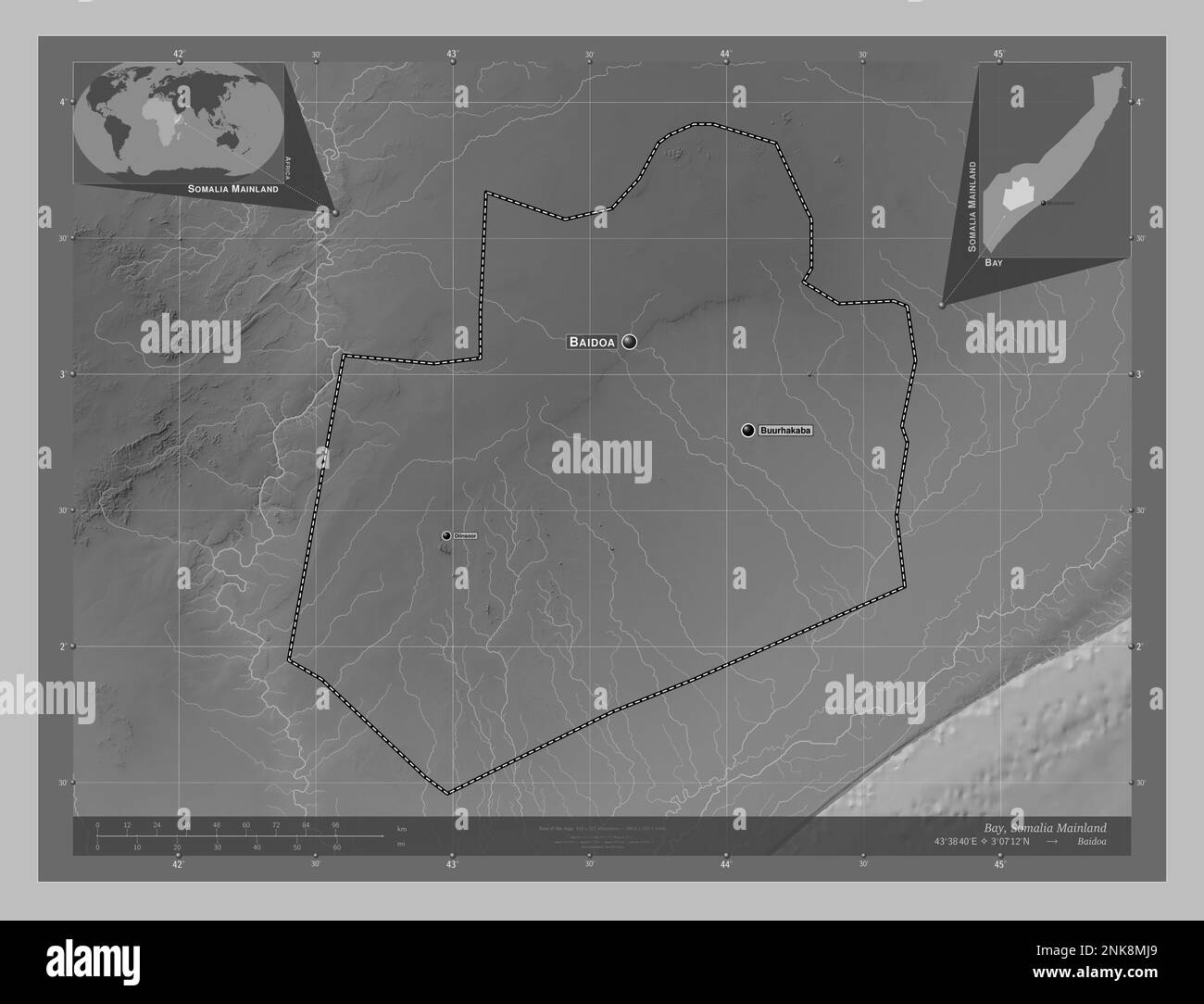 Bay, region of Somalia Mainland. Grayscale elevation map with lakes and rivers. Locations and ...
