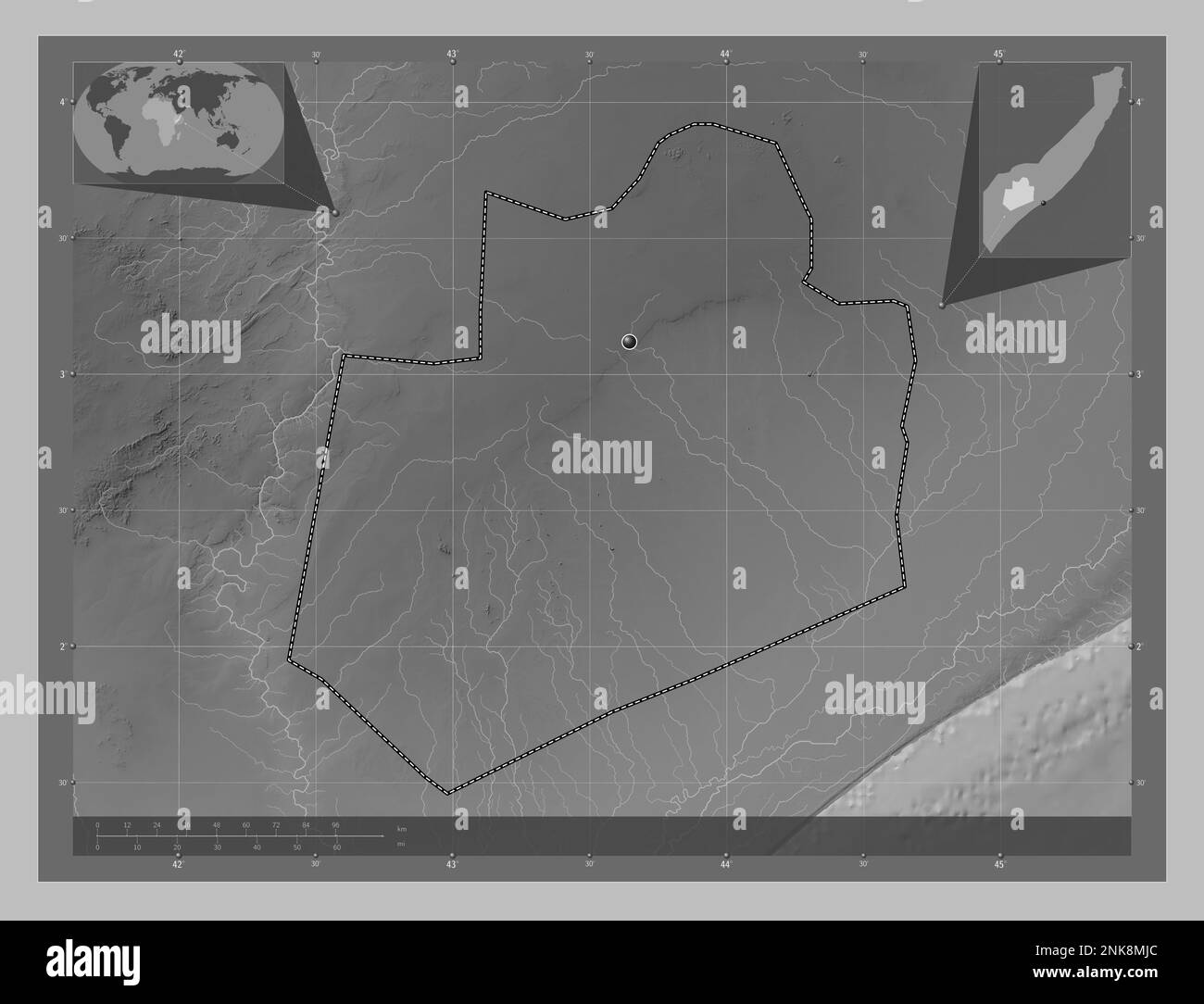 Bay, region of Somalia Mainland. Grayscale elevation map with lakes and rivers. Corner auxiliary ...