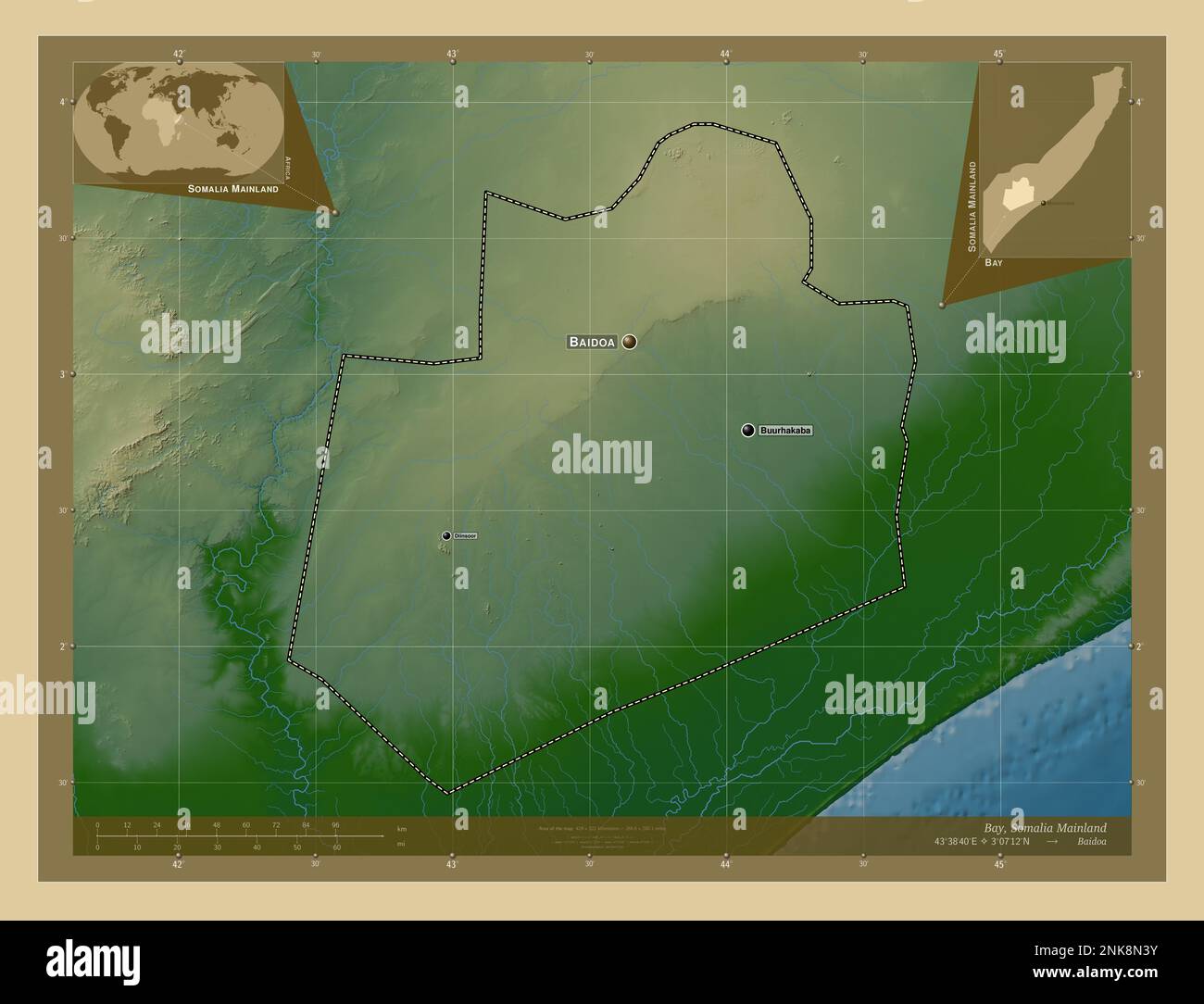 Bay, region of Somalia Mainland. Colored elevation map with lakes and rivers. Locations and ...