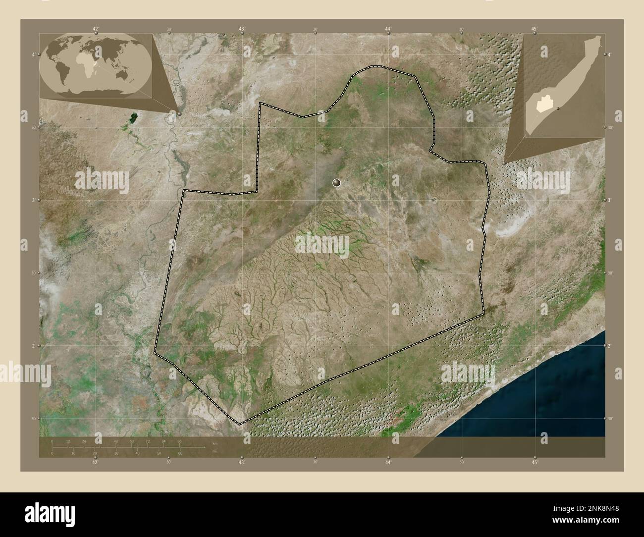 Bay, region of Somalia Mainland. High resolution satellite map. Corner ...