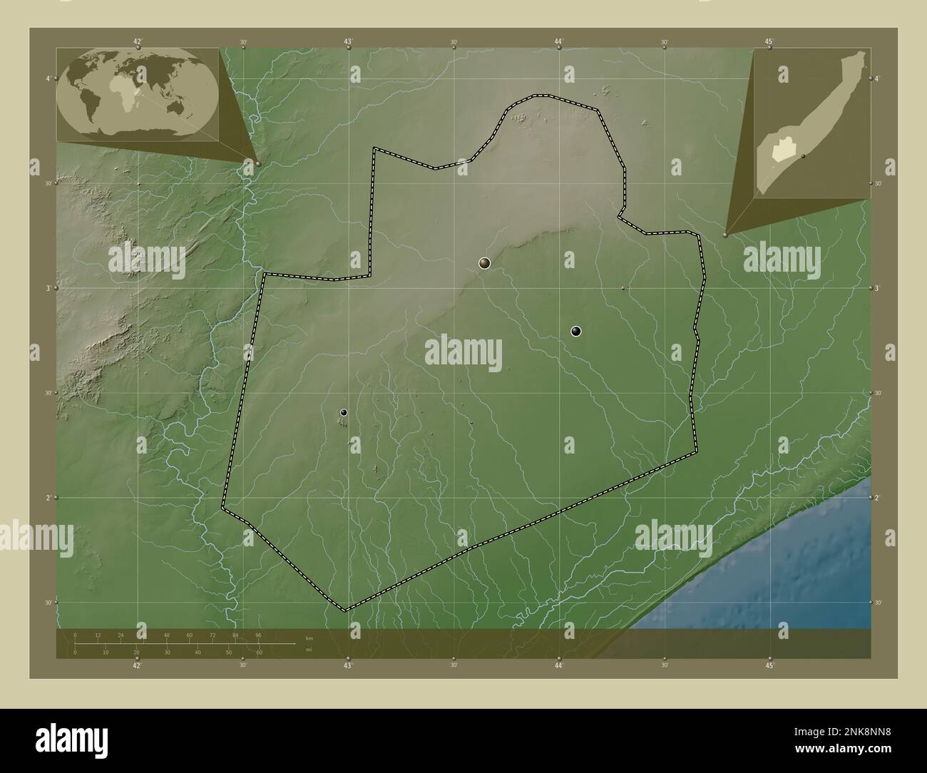 Bay, region of Somalia Mainland. Elevation map colored in wiki style with lakes and rivers ...