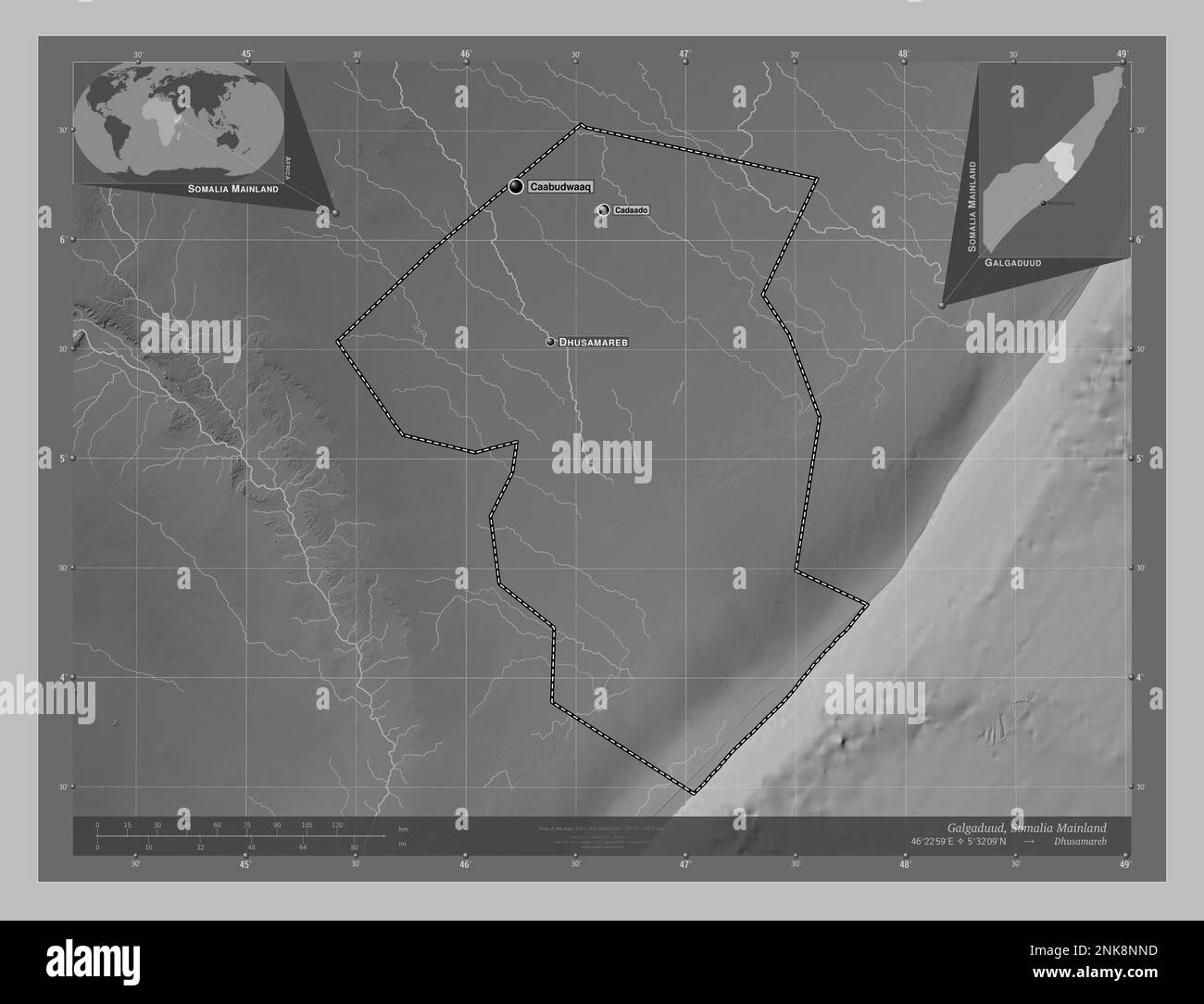 Galgaduud, region of Somalia Mainland. Grayscale elevation map with lakes and rivers. Locations ...
