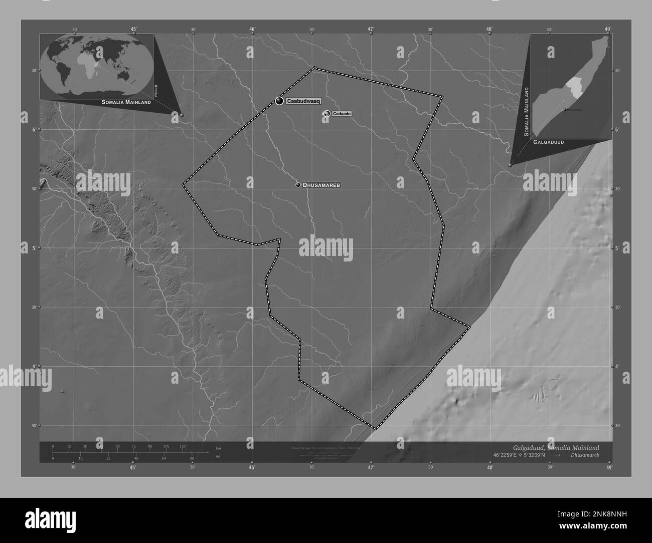Galgaduud, region of Somalia Mainland. Bilevel elevation map with lakes and rivers. Locations ...