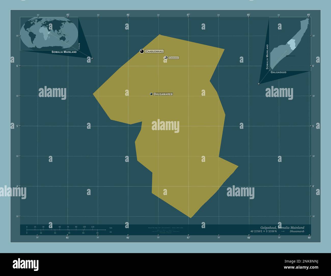 Galgaduud, region of Somalia Mainland. Solid color shape. Locations and ...