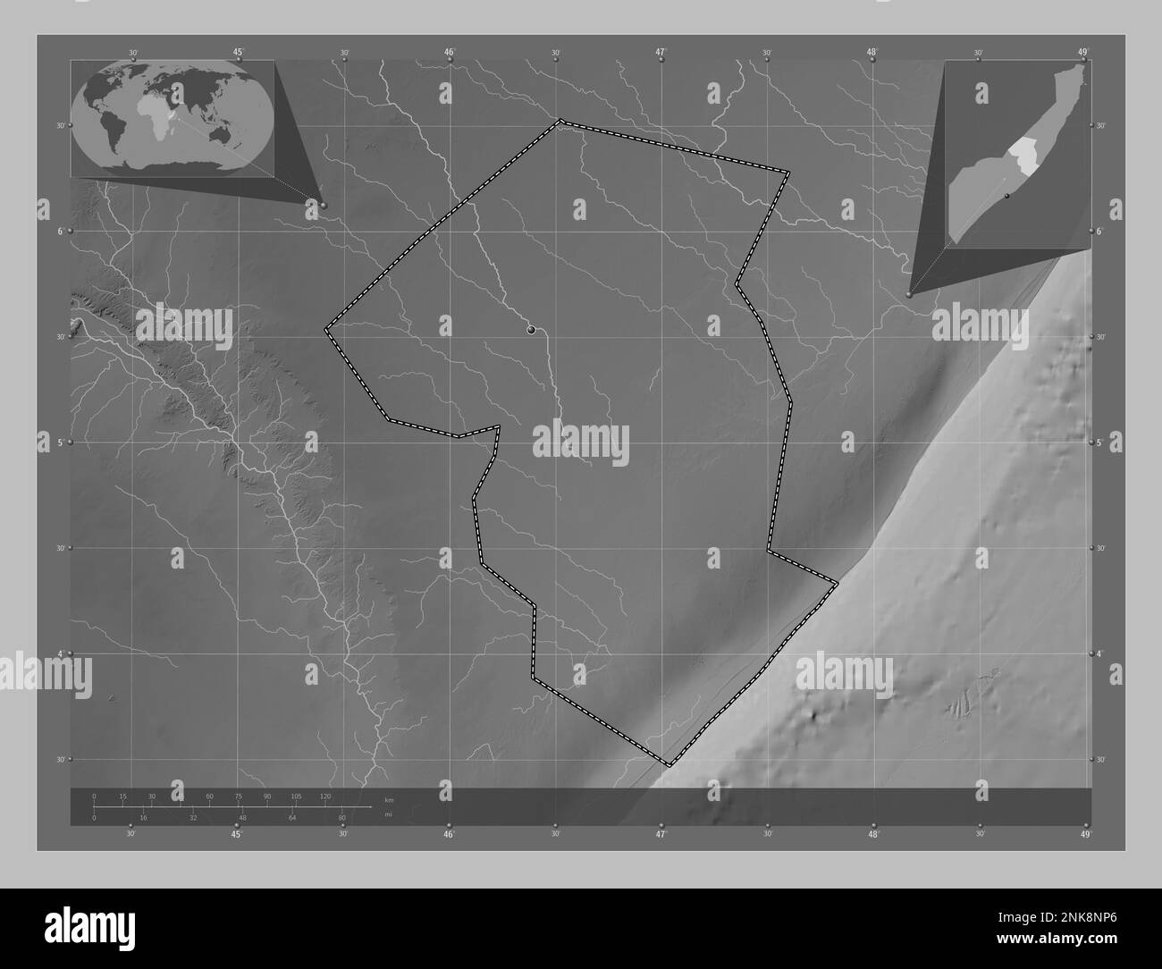 Galgaduud, region of Somalia Mainland. Grayscale elevation map with lakes and rivers. Corner ...