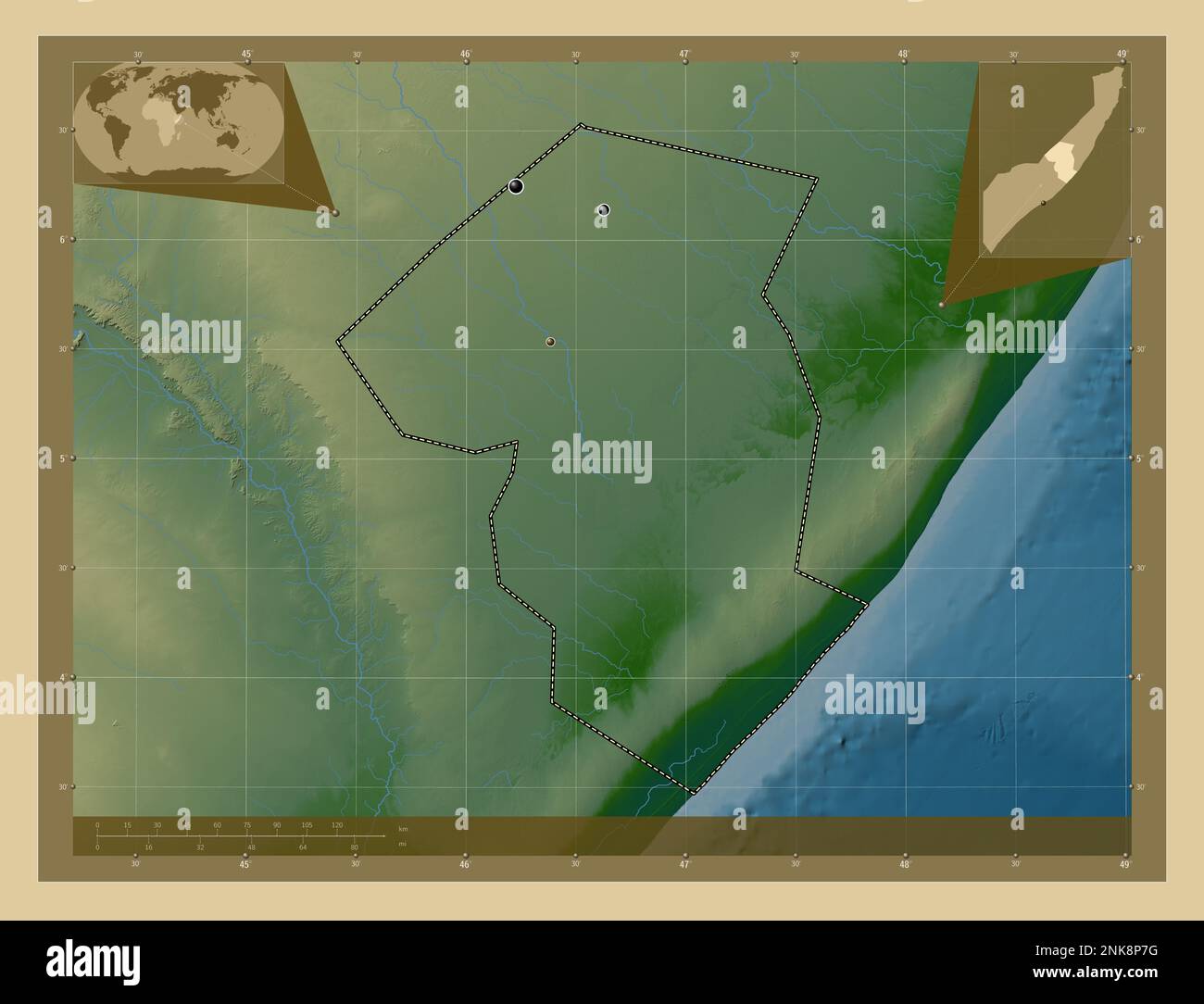 Galgaduud, region of Somalia Mainland. Colored elevation map with lakes ...