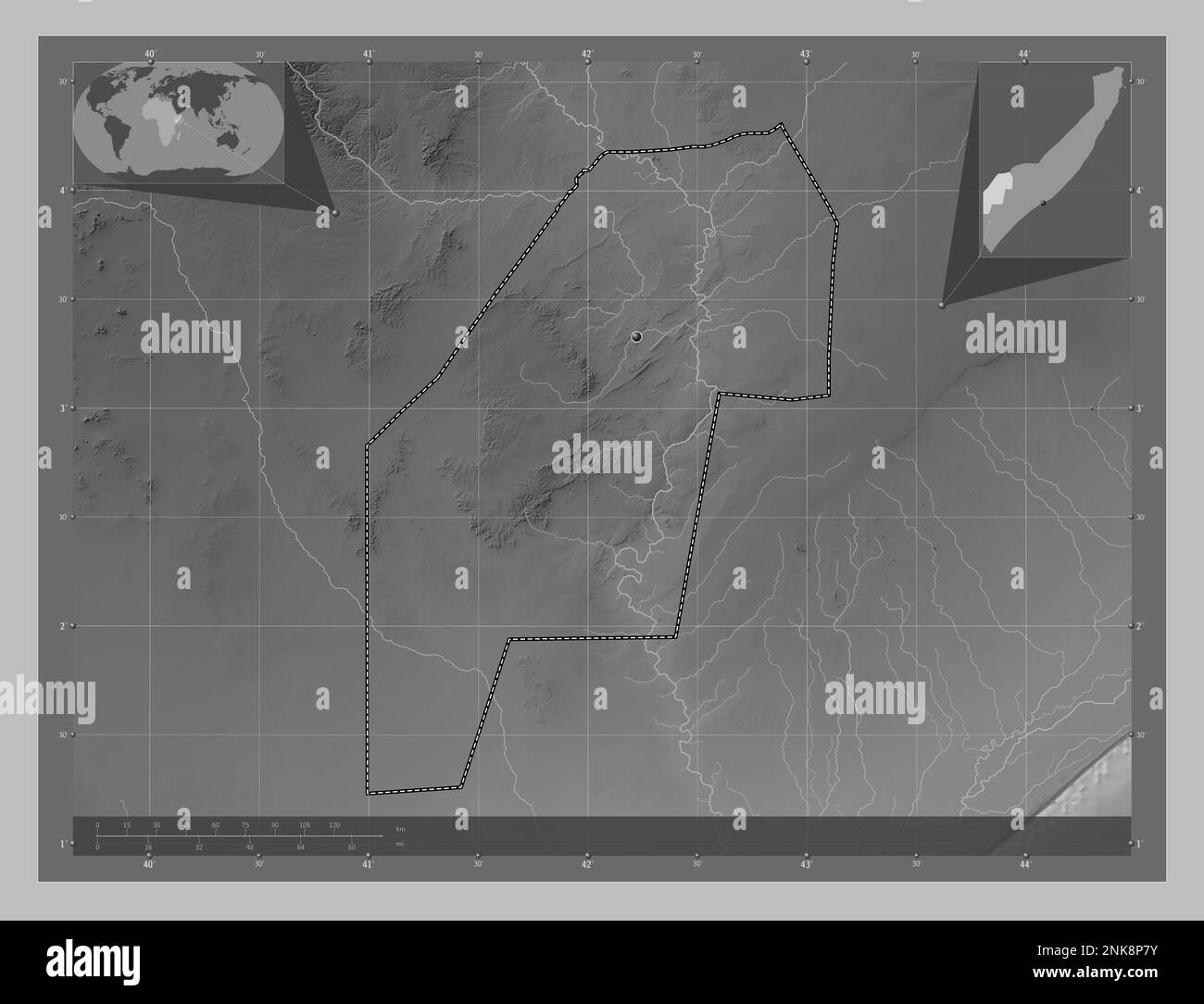 Gedo, region of Somalia Mainland. Grayscale elevation map with lakes and rivers. Corner ...