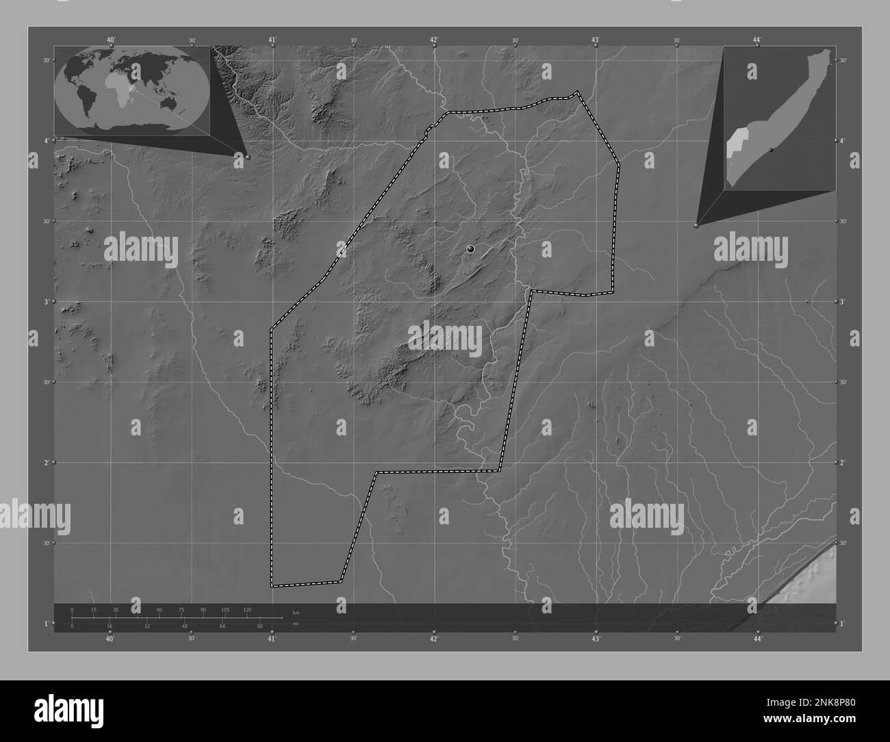 Gedo, region of Somalia Mainland. Bilevel elevation map with lakes and rivers. Corner auxiliary ...