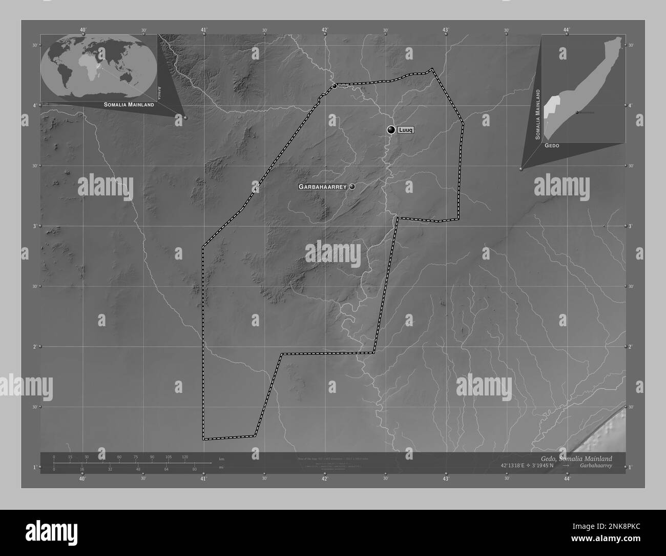 Gedo, region of Somalia Mainland. Grayscale elevation map with lakes and rivers. Locations and ...