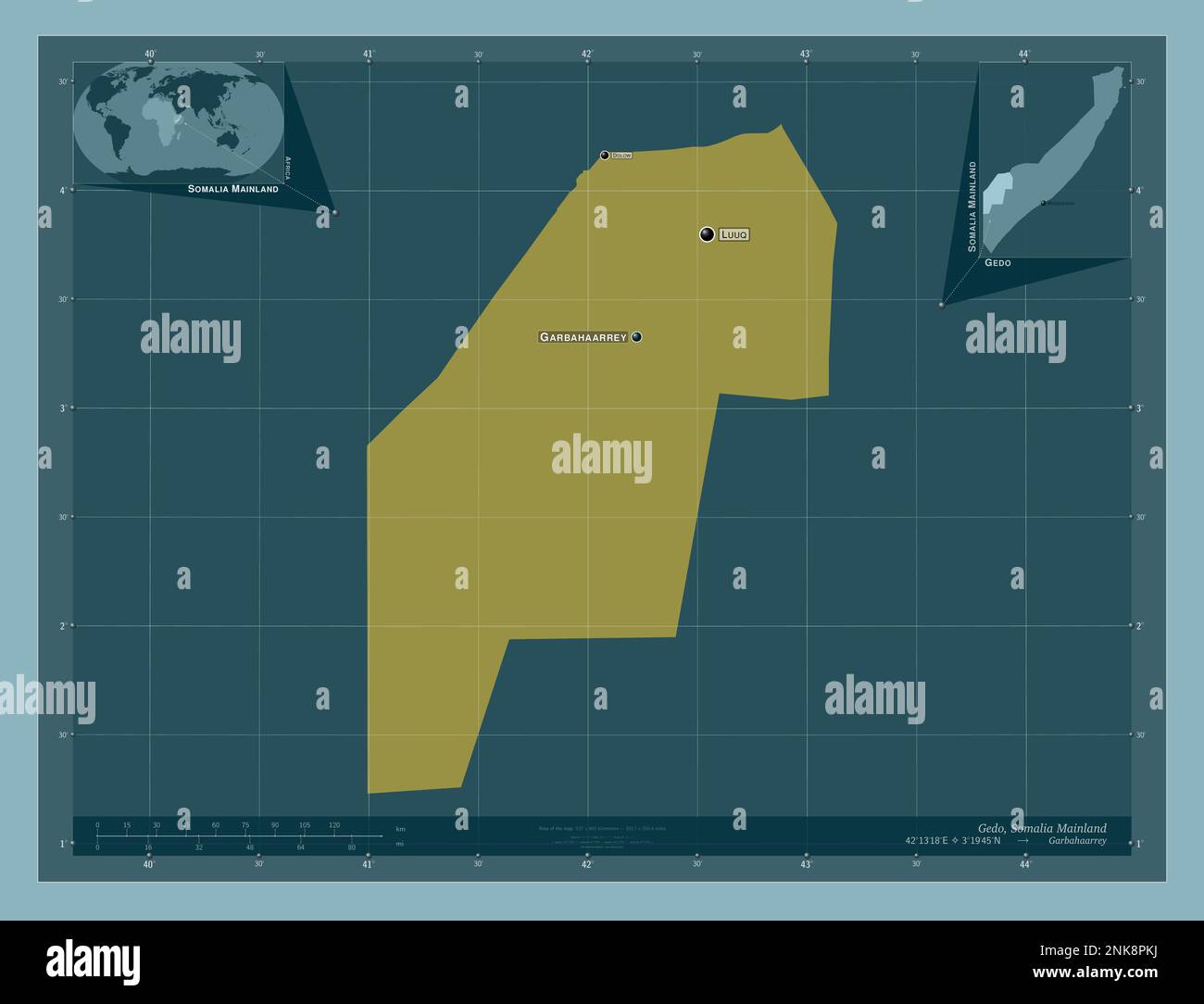 Gedo, region of Somalia Mainland. Solid color shape. Locations and ...