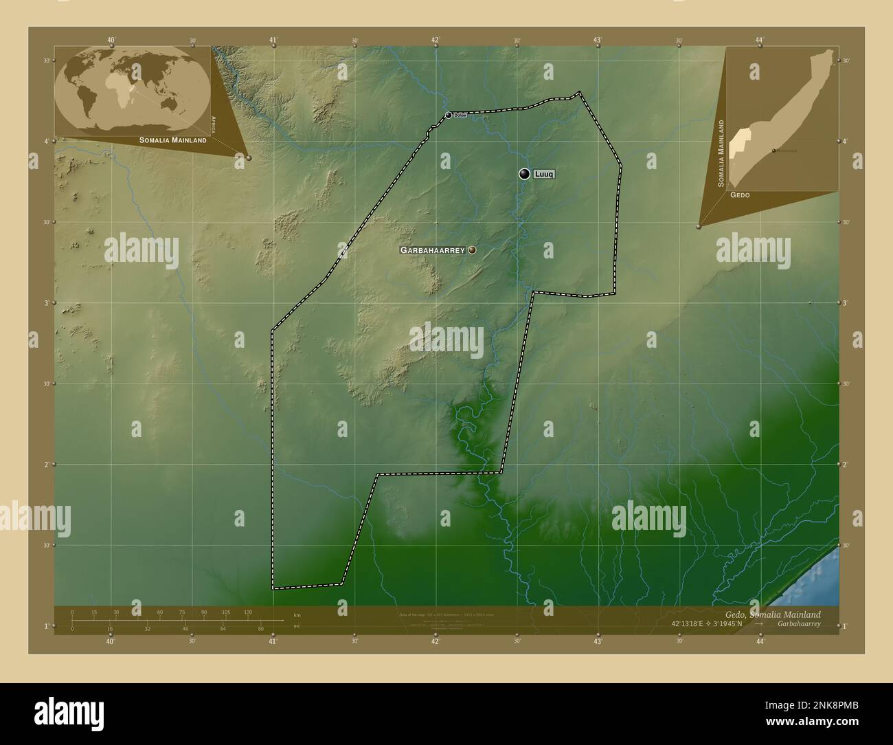 Gedo, region of Somalia Mainland. Colored elevation map with lakes and rivers. Locations and ...