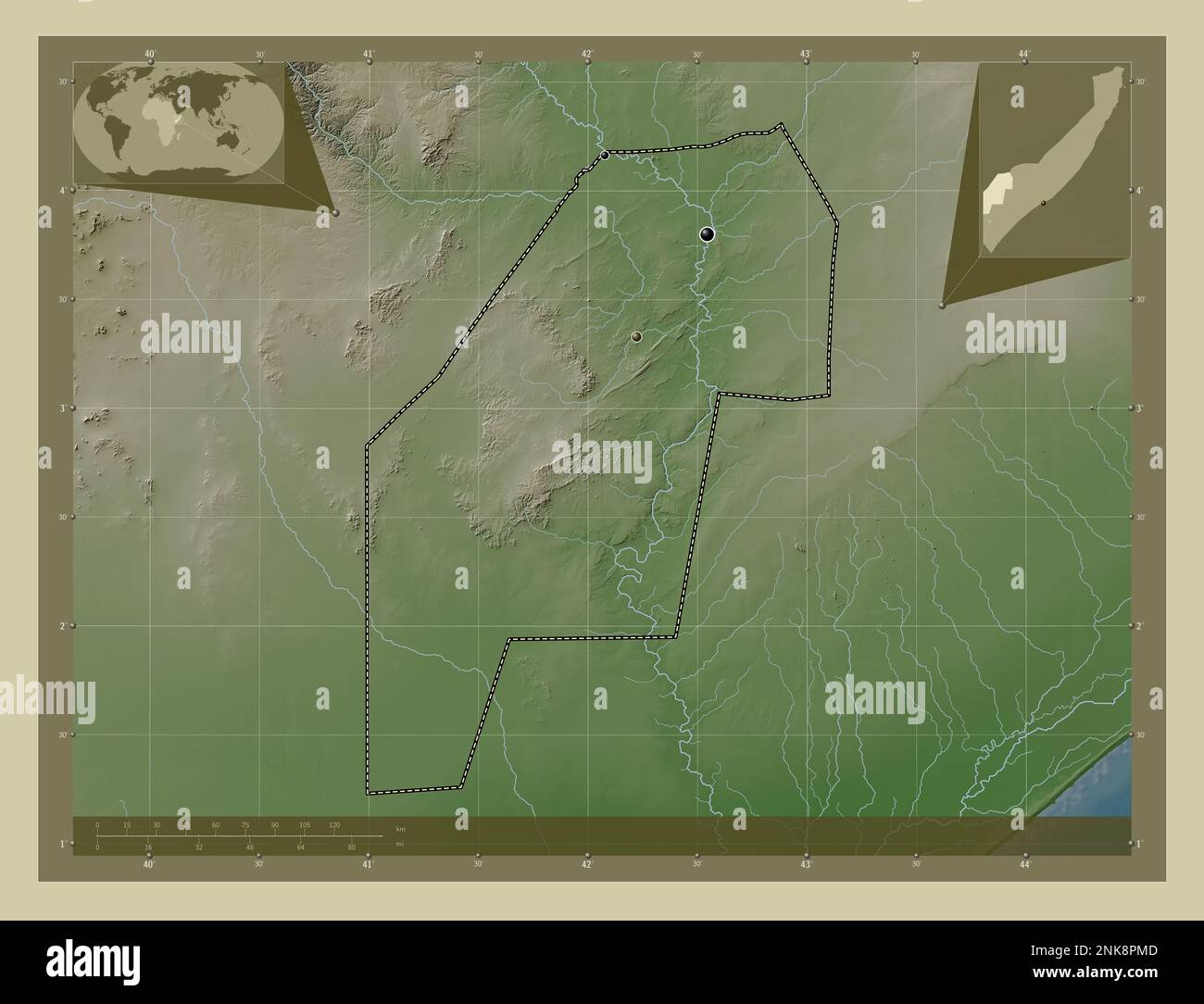 Gedo, region of Somalia Mainland. Elevation map colored in wiki style with lakes and rivers ...