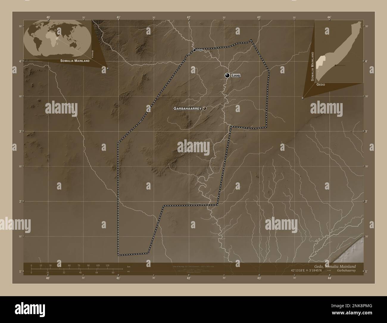 Gedo, region of Somalia Mainland. Elevation map colored in sepia tones with lakes and rivers ...