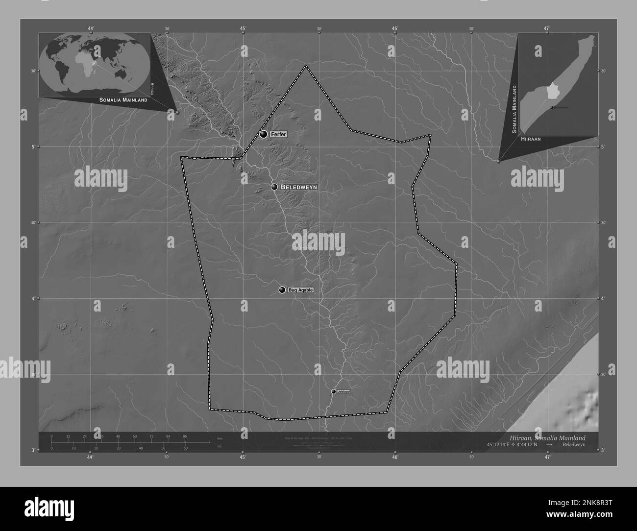 Hiiraan, region of Somalia Mainland. Bilevel elevation map with lakes and rivers. Locations and ...