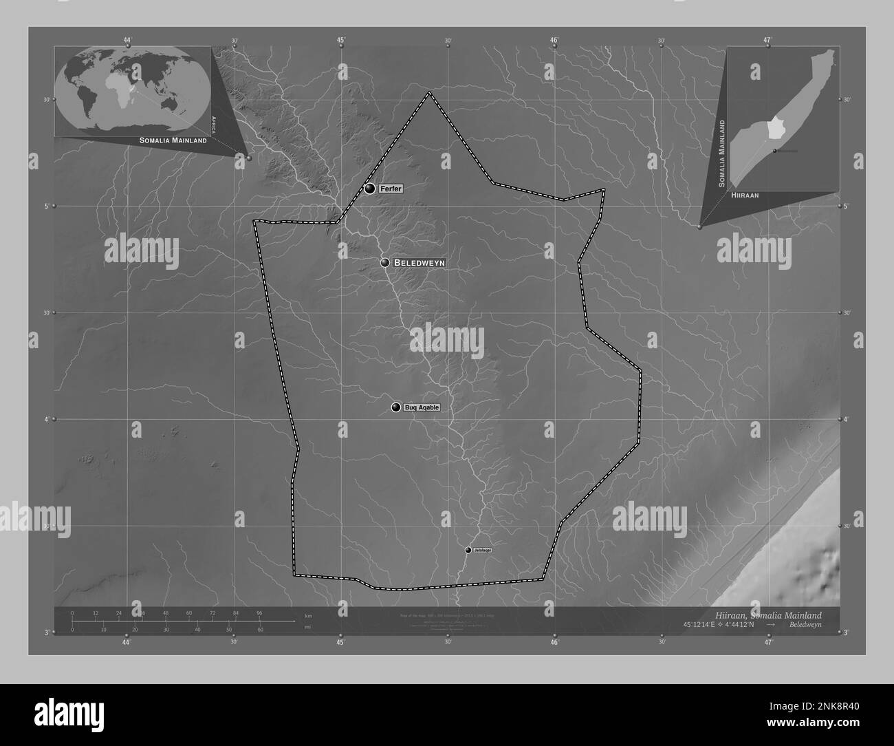 Hiiraan, region of Somalia Mainland. Grayscale elevation map with lakes and rivers. Locations ...