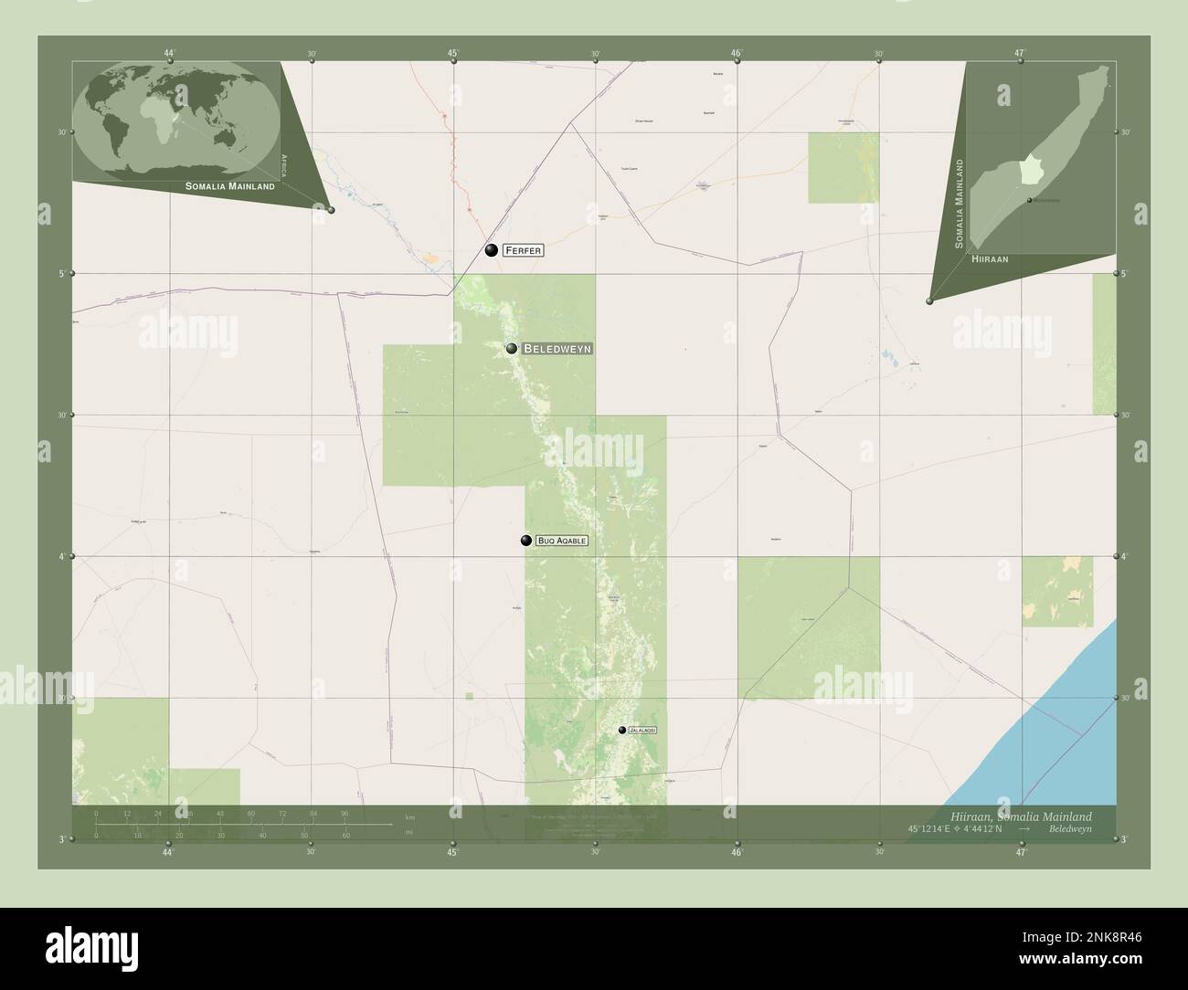 Hiiraan, region of Somalia Mainland. Open Street Map. Locations and ...