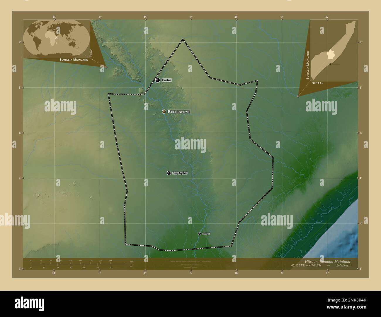 Hiiraan, region of Somalia Mainland. Colored elevation map with lakes ...
