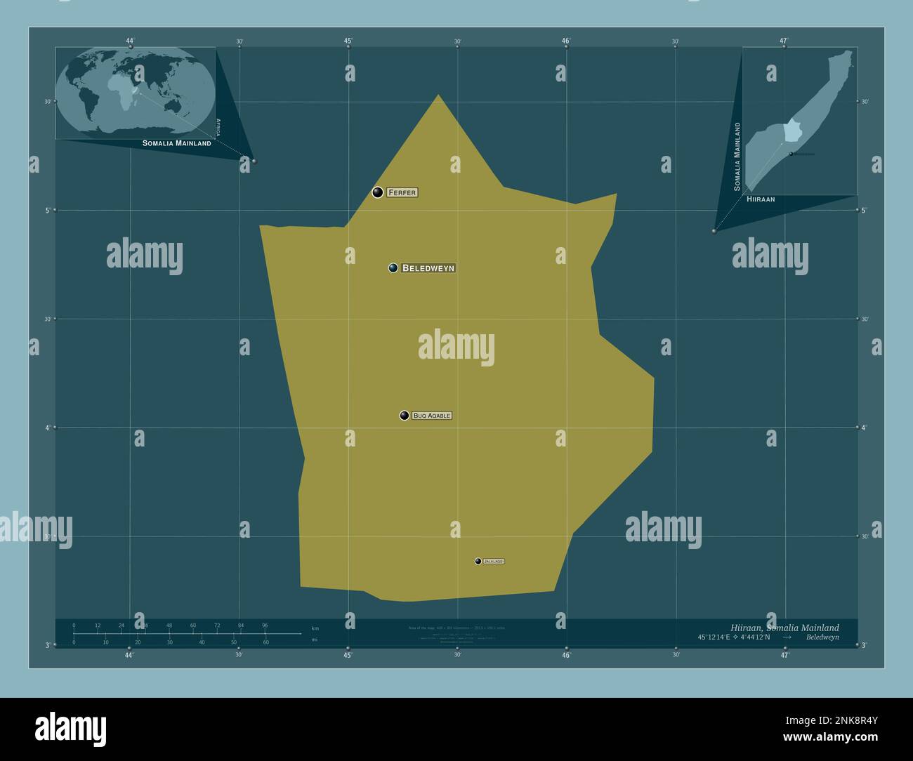 Hiiraan, region of Somalia Mainland. Solid color shape. Locations and ...