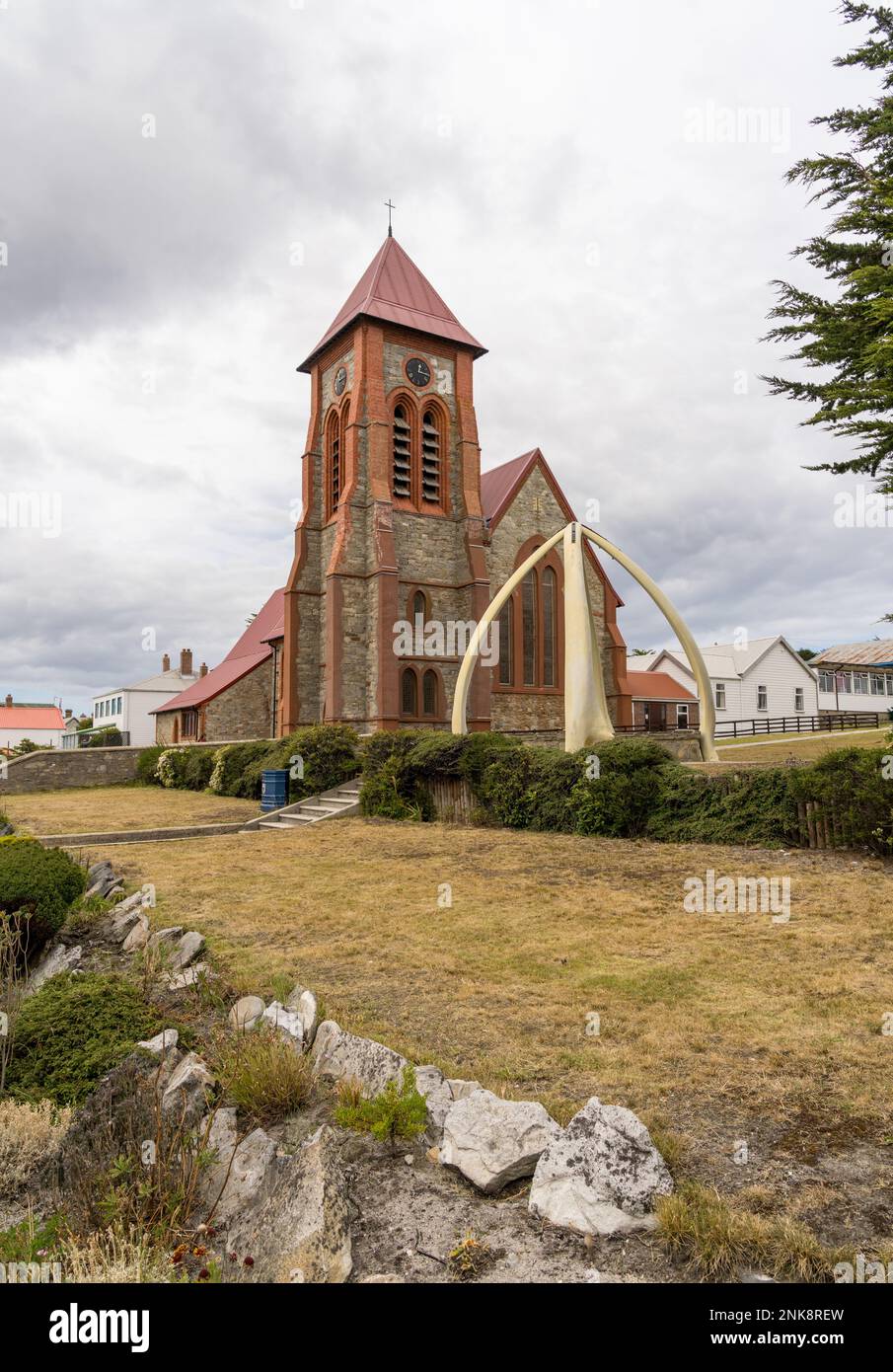 Christ Church Cathedral with whale bone memorial in Stanley Falkland ...