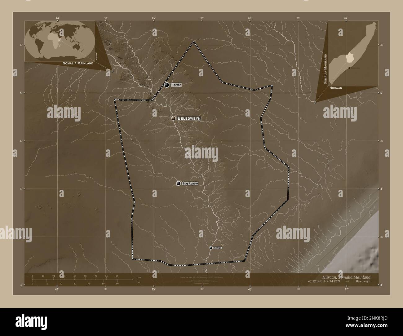 Hiiraan, region of Somalia Mainland. Elevation map colored in sepia ...