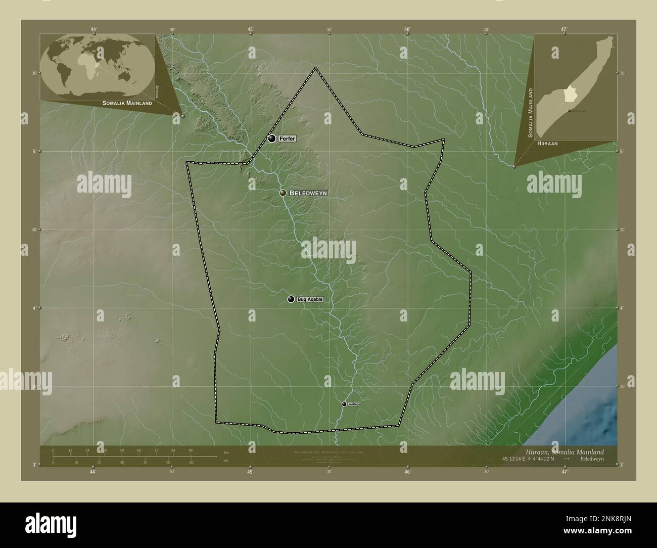 Hiiraan, region of Somalia Mainland. Elevation map colored in wiki style with lakes and rivers ...