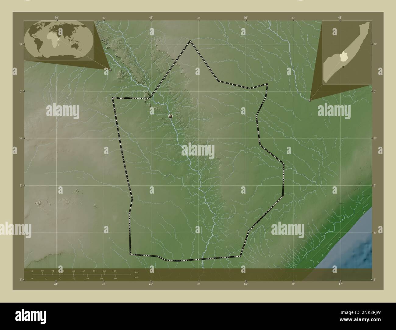 Hiiraan, region of Somalia Mainland. Elevation map colored in wiki style with lakes and rivers ...
