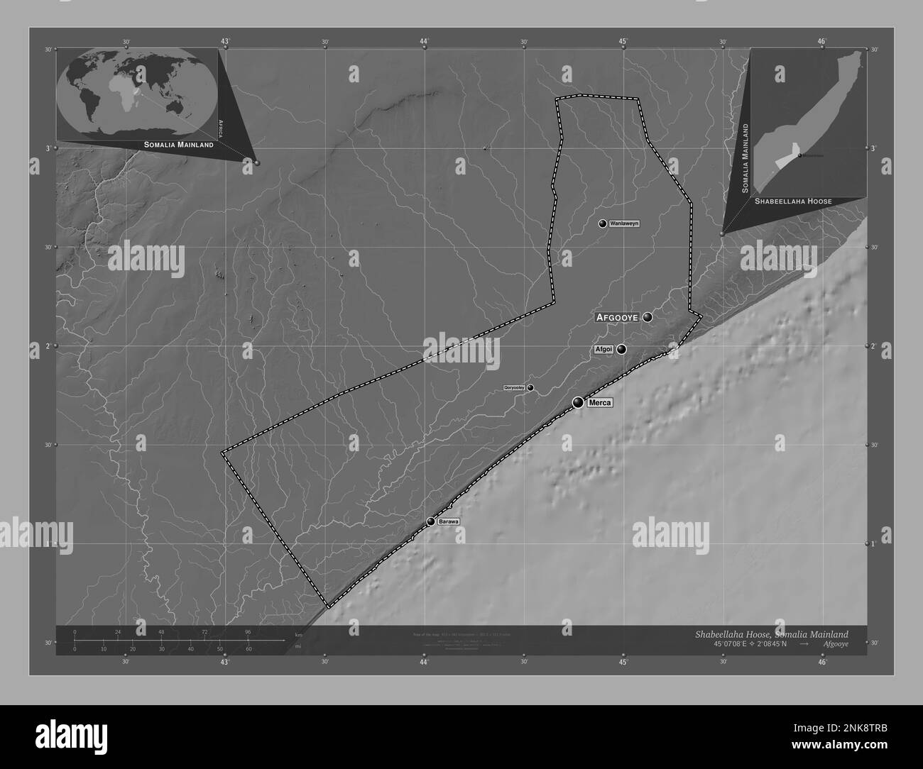 Shabeellaha Hoose, region of Somalia Mainland. Bilevel elevation map with lakes and rivers ...