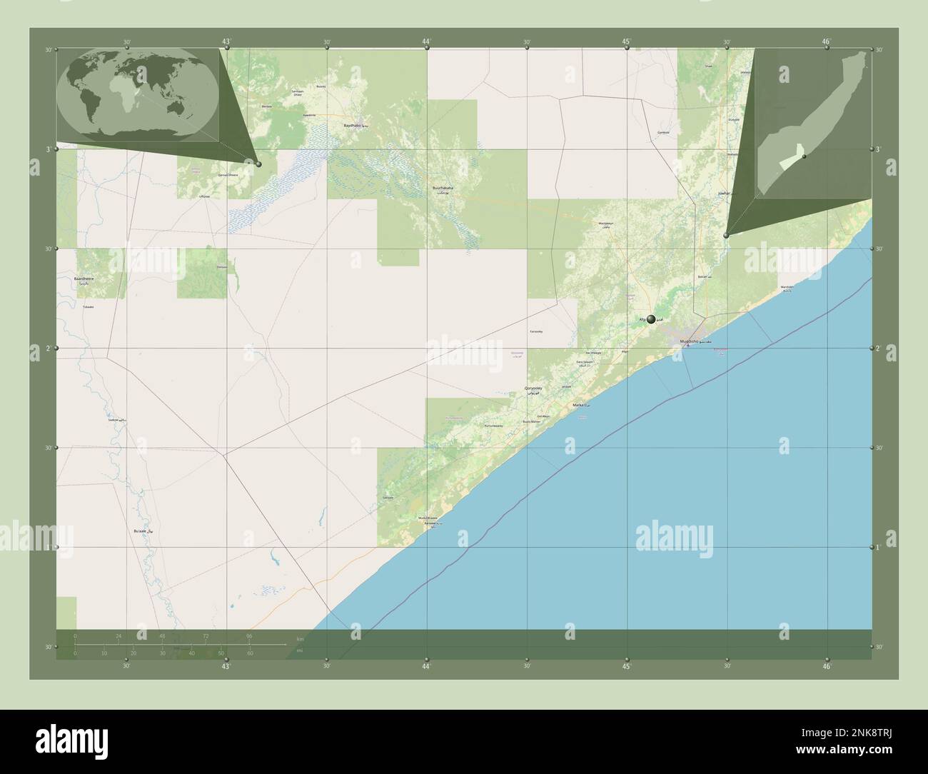Shabeellaha Hoose, region of Somalia Mainland. Open Street Map. Corner ...