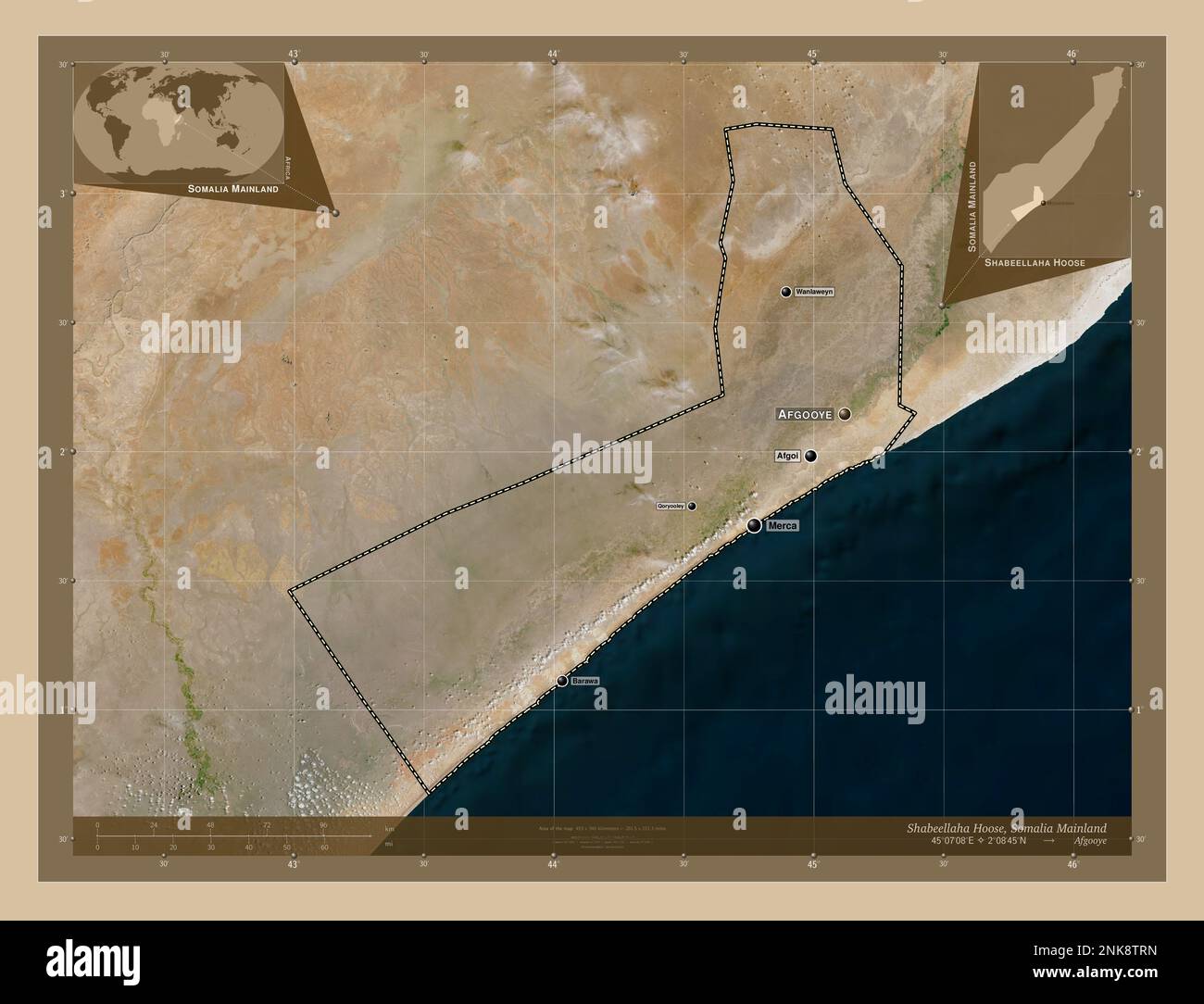 Shabeellaha Hoose, region of Somalia Mainland. Low resolution satellite ...